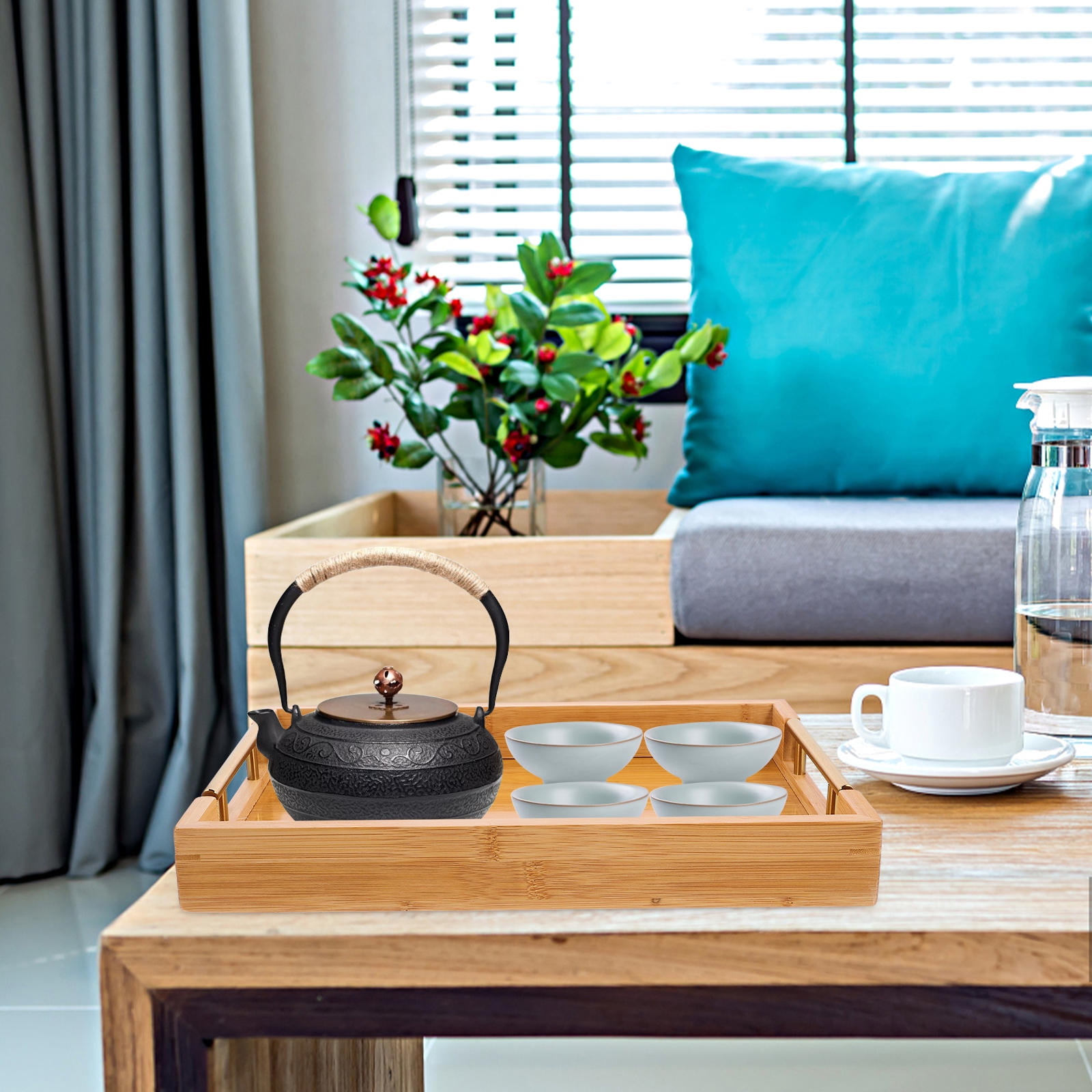 HOMEMAXS Multi-use Tray Coffee Table Tea Cup Tray Bamboo Metal Hollow ...