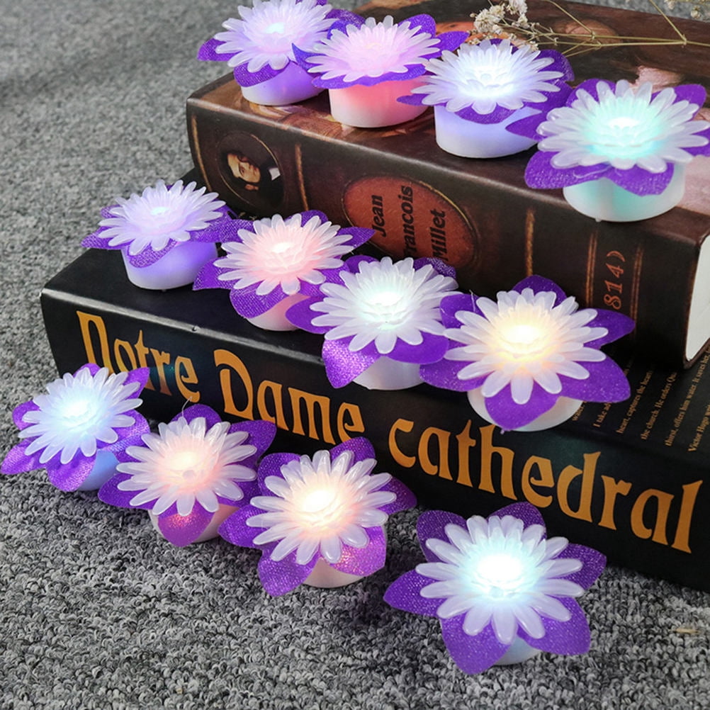Purple LED Daisy Shape Tea Light Candles Flameless Eco Friendly Decor ...