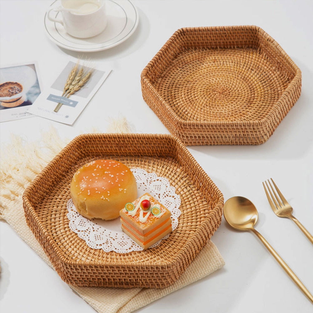 HOMEMAXS Retro Style Storage Plate Cup Serving Tray Square Rattan Round ...