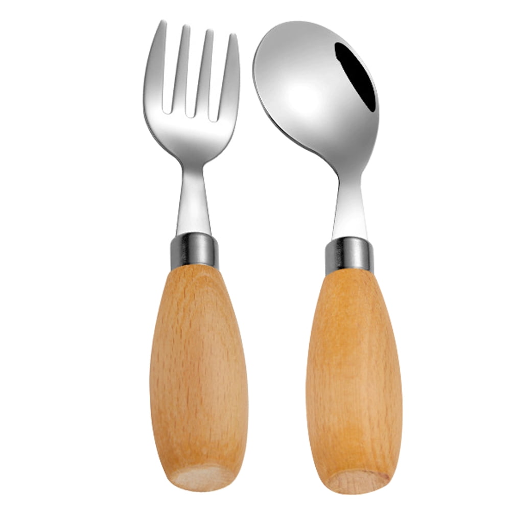 HOMEMAXS Stainless Steel and Wood Baby Fork and Spoon Set with ...