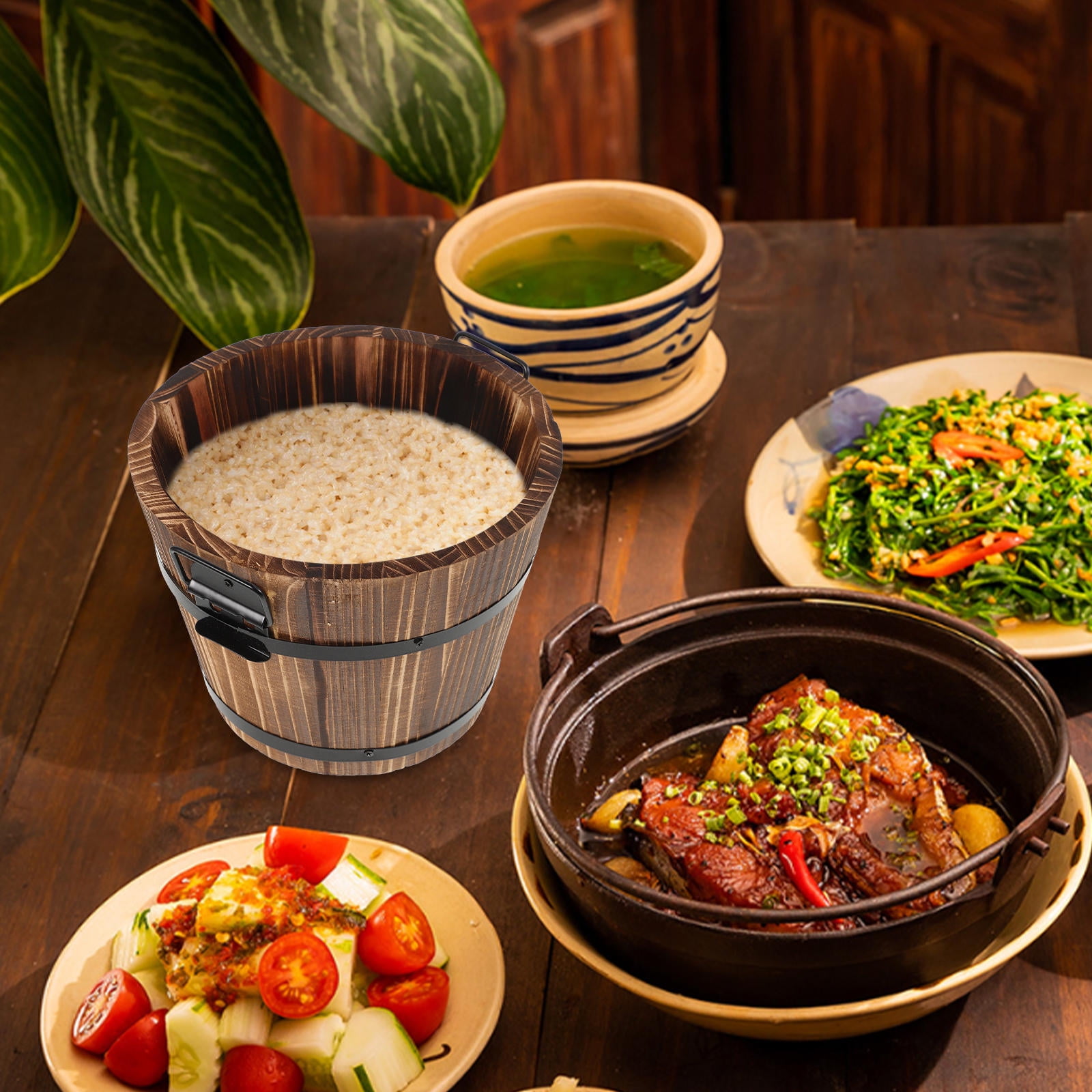 HOMEMAXS Wood Rice Bucket Food Storage Wood Barrel Kitchen Food Storage ...