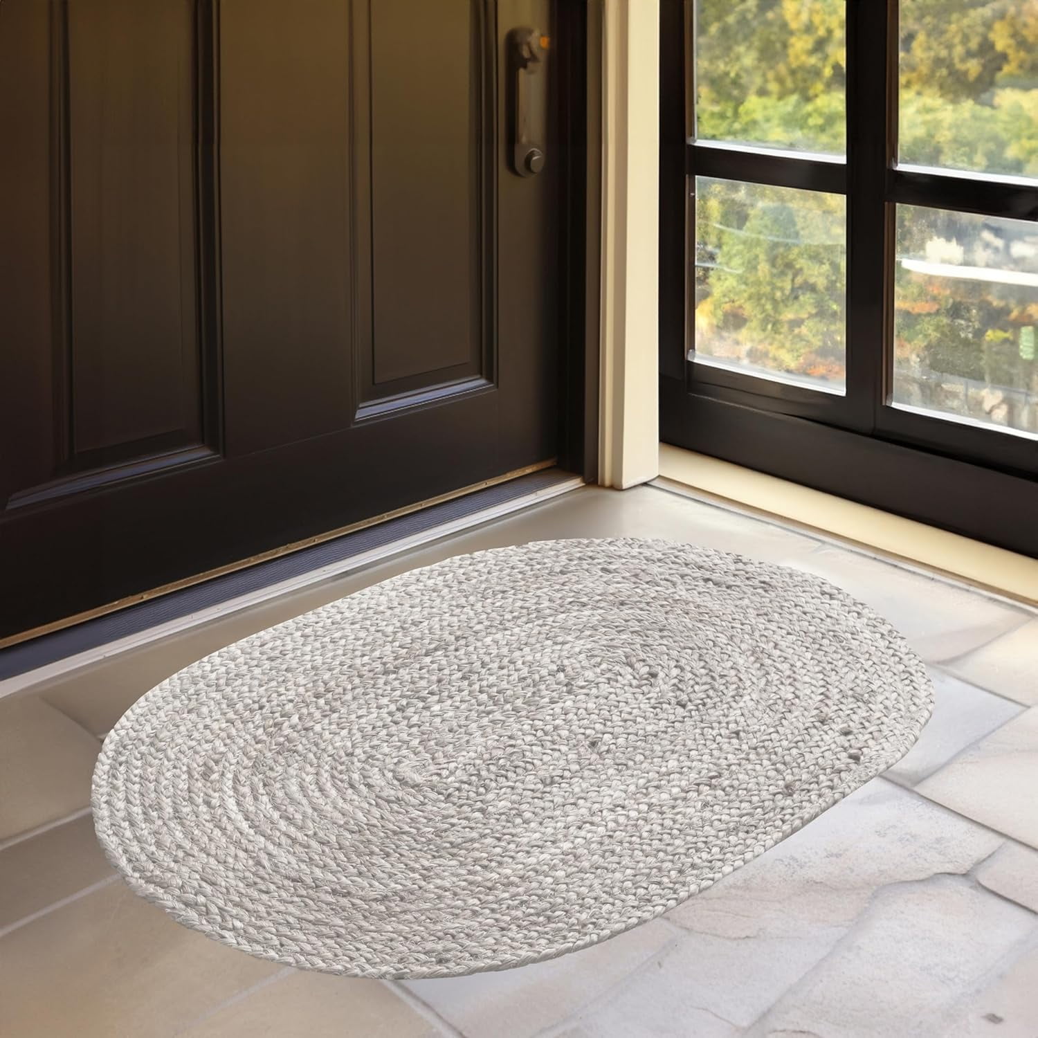HOMEMONDE 2'x3' Door Mat Indoor Jute Oval - Off White Hand Woven ...
