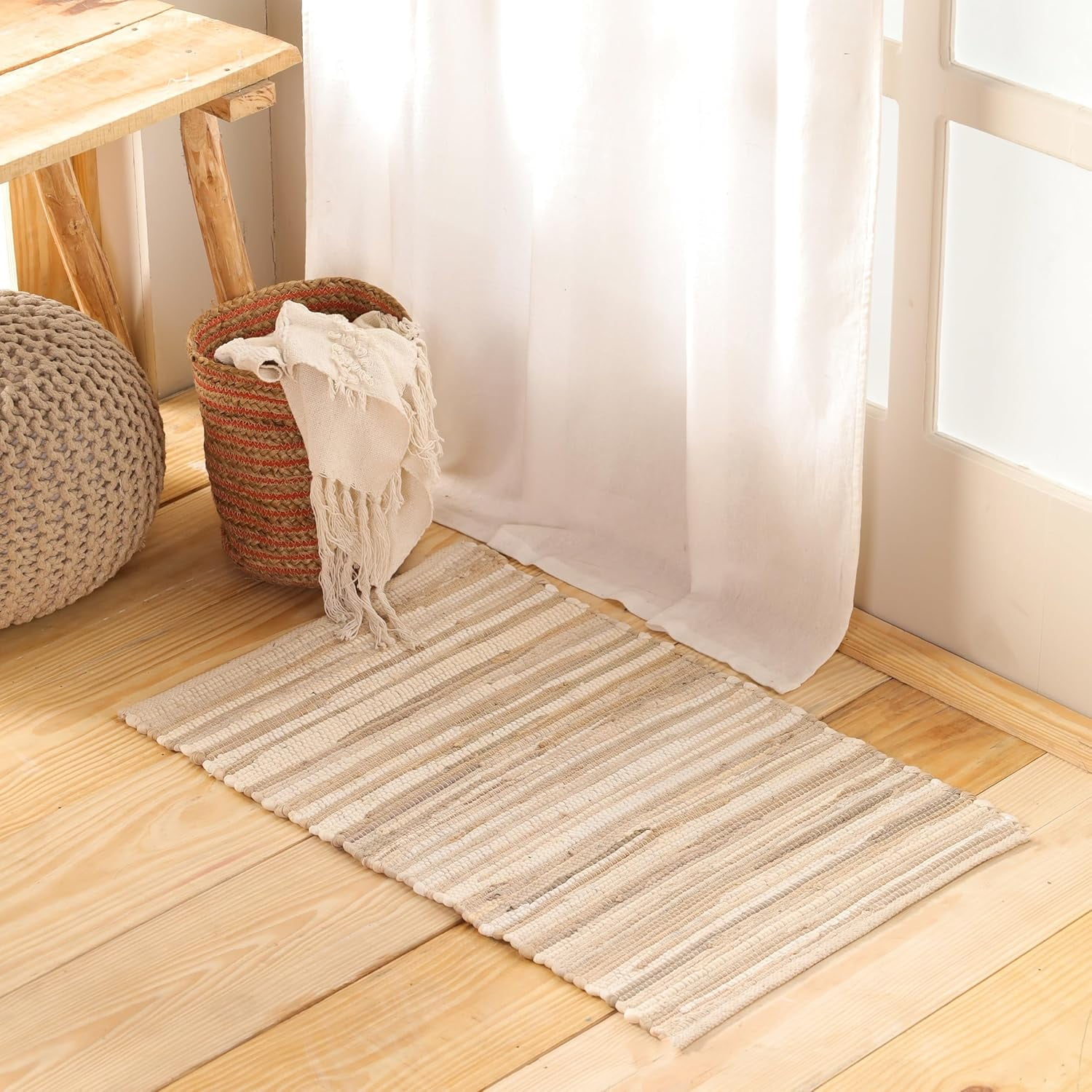 HOMEMONDE Beige Chindi Rug 20"x32" Recycled Soft Cotton Rag Rug Hand ...