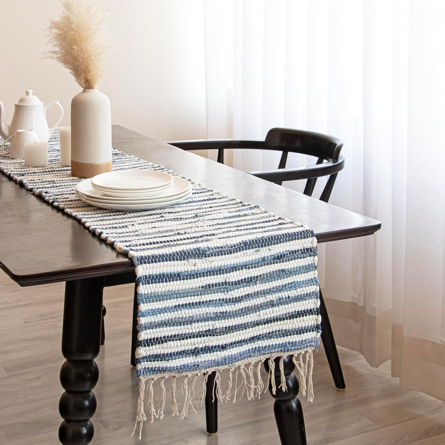 HOMEMONDE Recycled Blue Table Runner 14" x 72" Denim Braided Stripe ...
