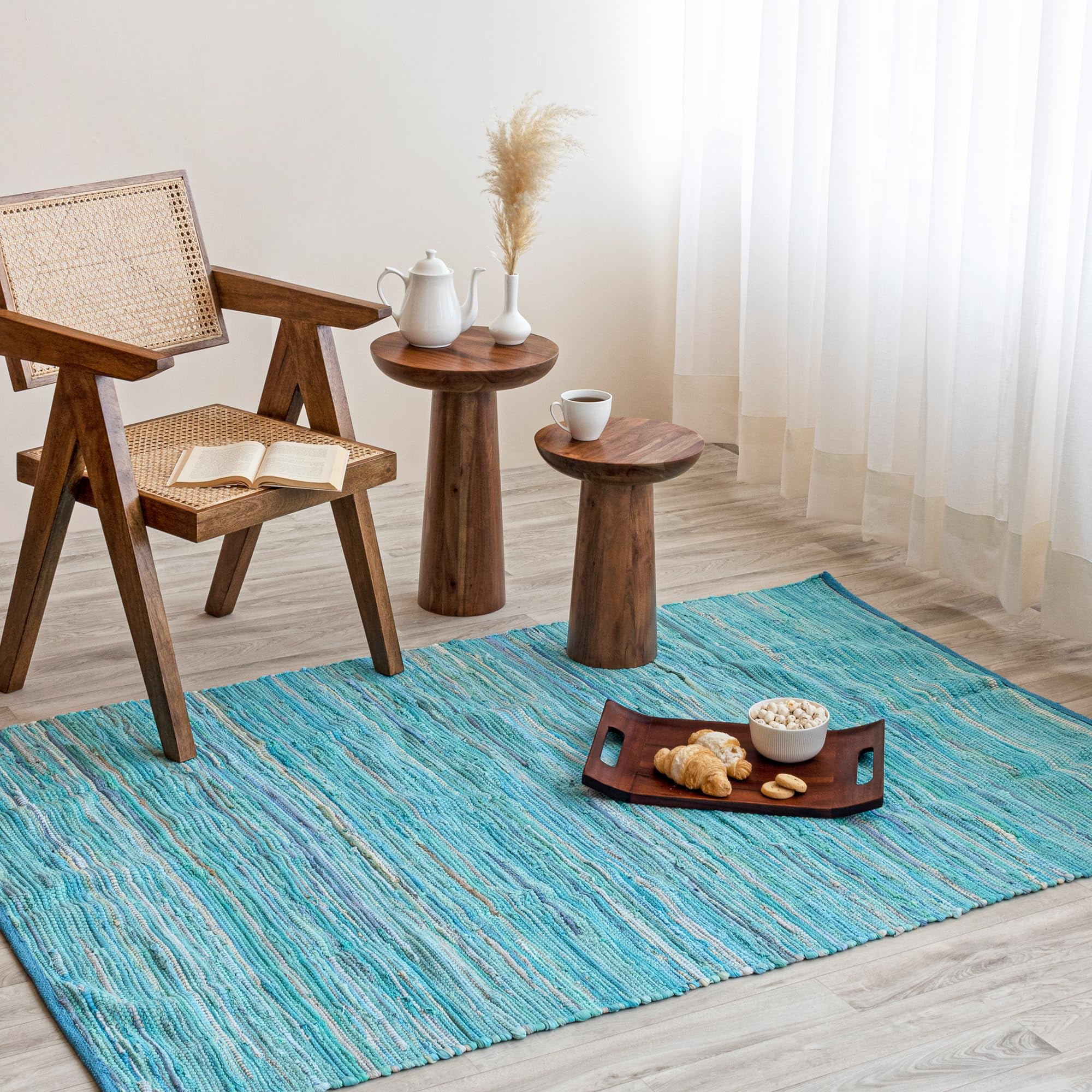 HOMEMONDE Teal Chindi Rug 4'x6' Recycled Soft Cotton Hand Crafted ...