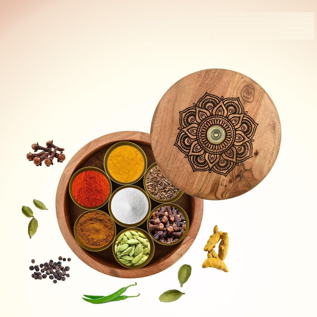 HOMEPRIVILEZ Ethnic Wooden Spice BoxMasala DabbaMasala Dani Set for ...
