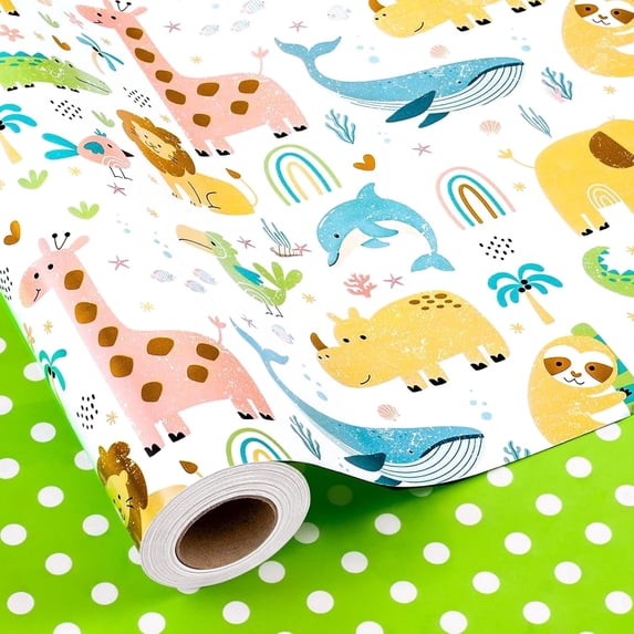 HOMERAL Baby Wrapping Paper, 17x33 Inch, Reversible Green Animals, Baby ...
