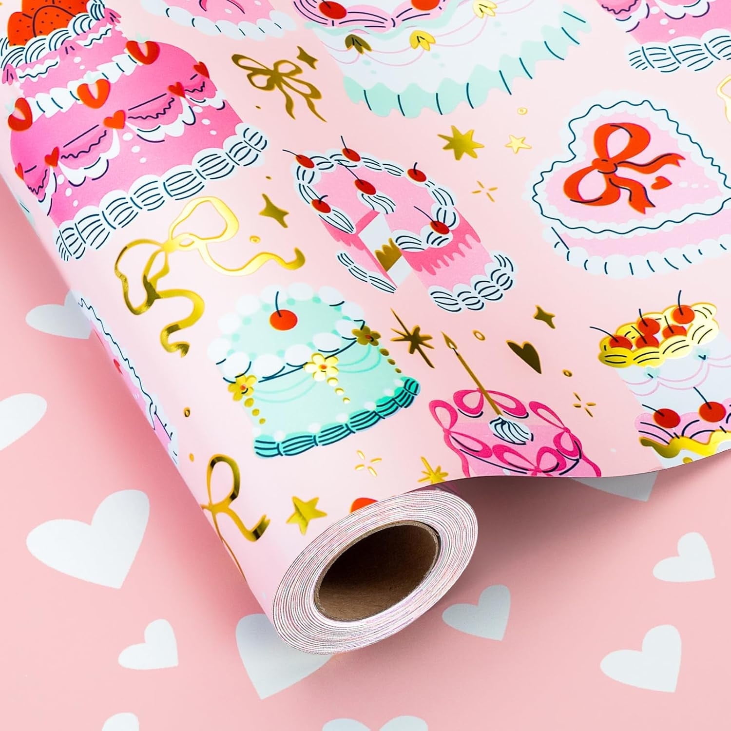 HOMERAL Birthday Cake Wrapping Paper Roll - Pink Cakes with Gold ...