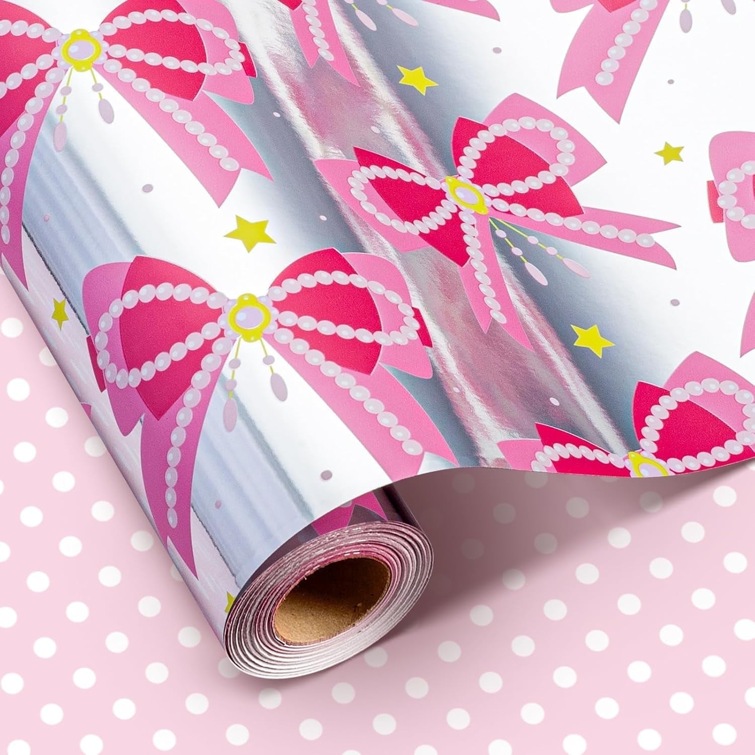 Bowknot Wrapping Paper Roll - Metallic Foil Shine with Polka Dot ...