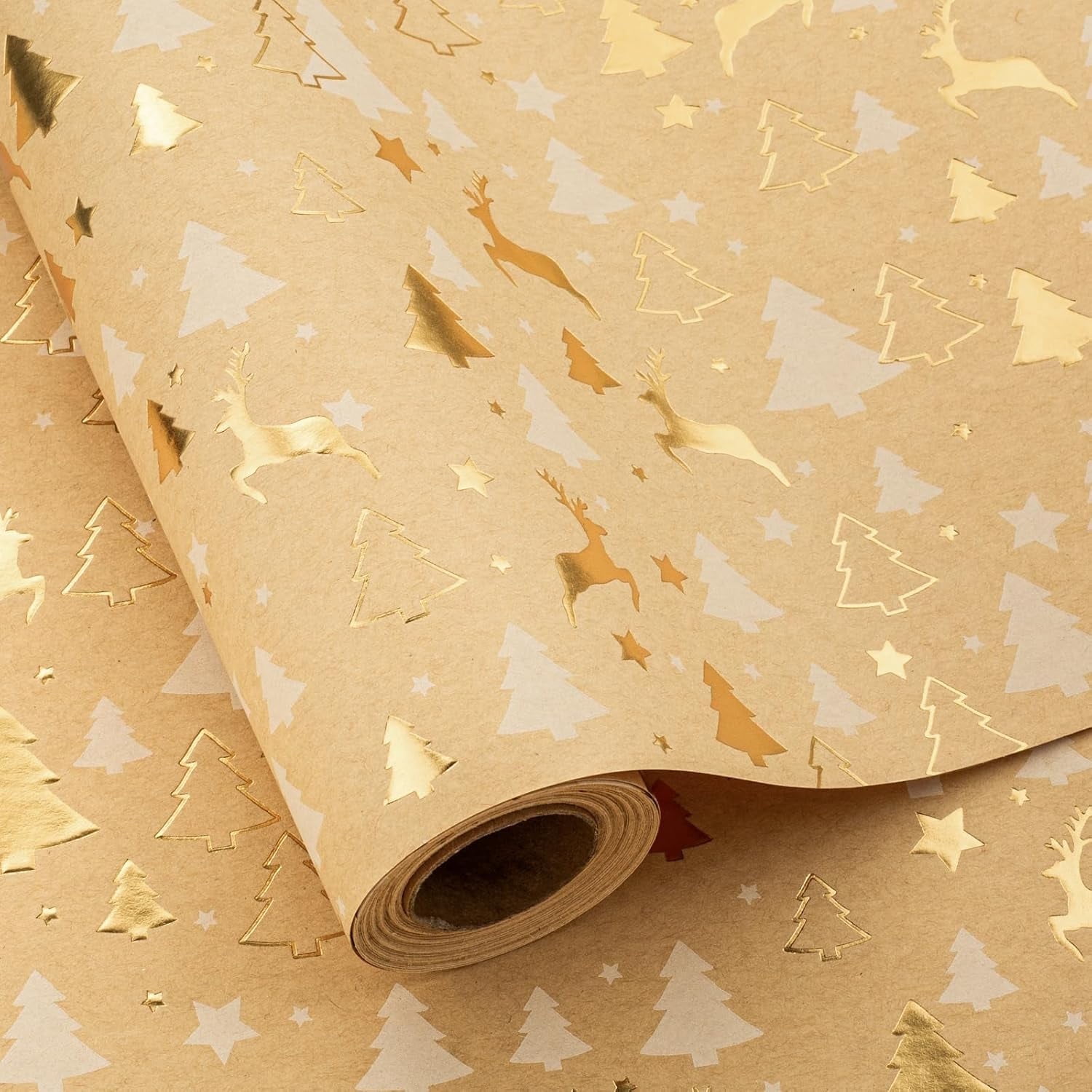 HOMERAL Kraft Christmas Wrapping Paper Roll- Embossing 3D with Gold ...