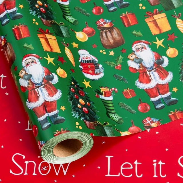 HOMERAL Christmas Wrapping Paper Roll - Green Gift Wrap with Santa ...