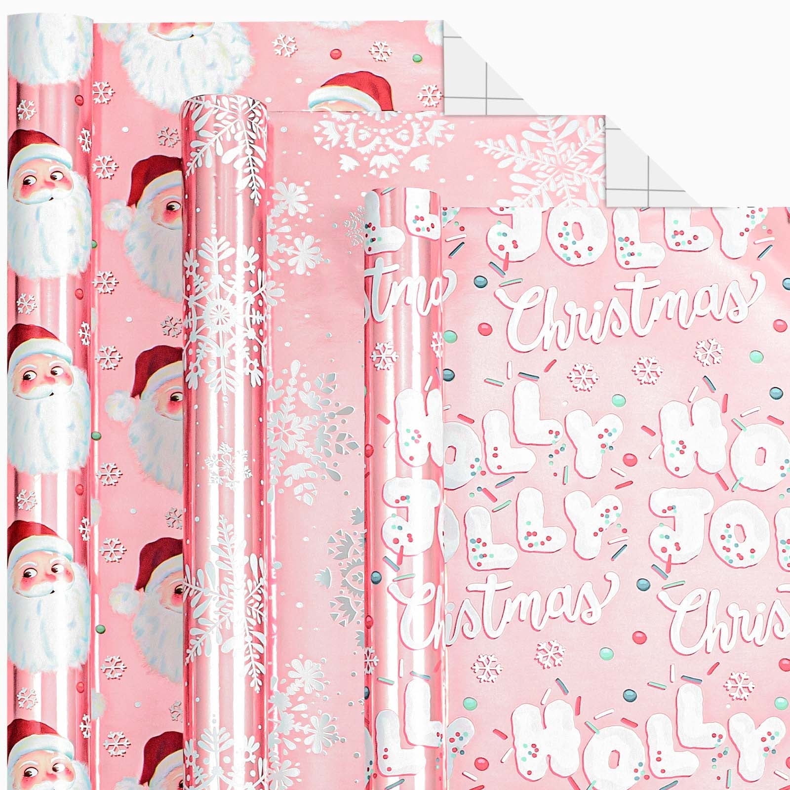 HOMERAL Christmas Wrapping Paper Roll - Pink Santa Claus Head and ...