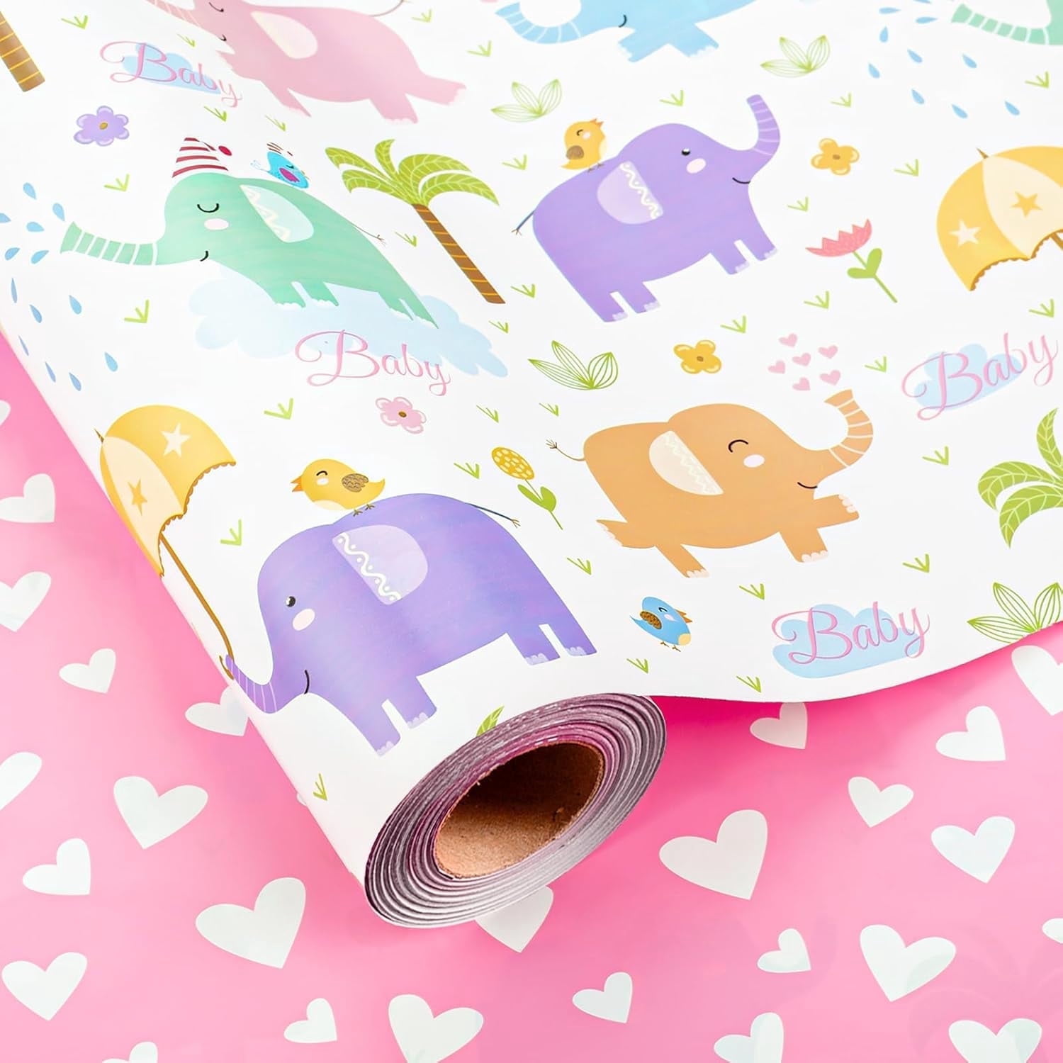 HOMERAL Girl Baby Shower Wrapping Paper Roll - Baby Elephant & Pink ...