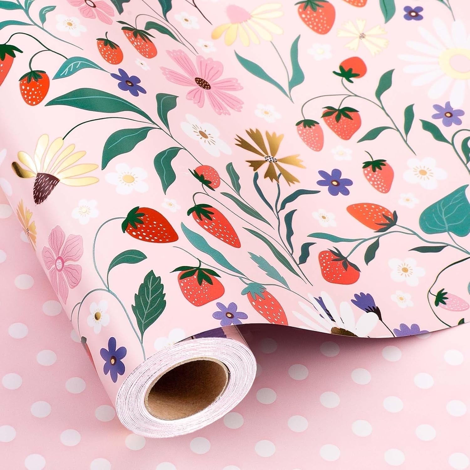 HOMERAL Strawberry Wrapping Paper Roll, Pink Floral Gift Wrap for ...