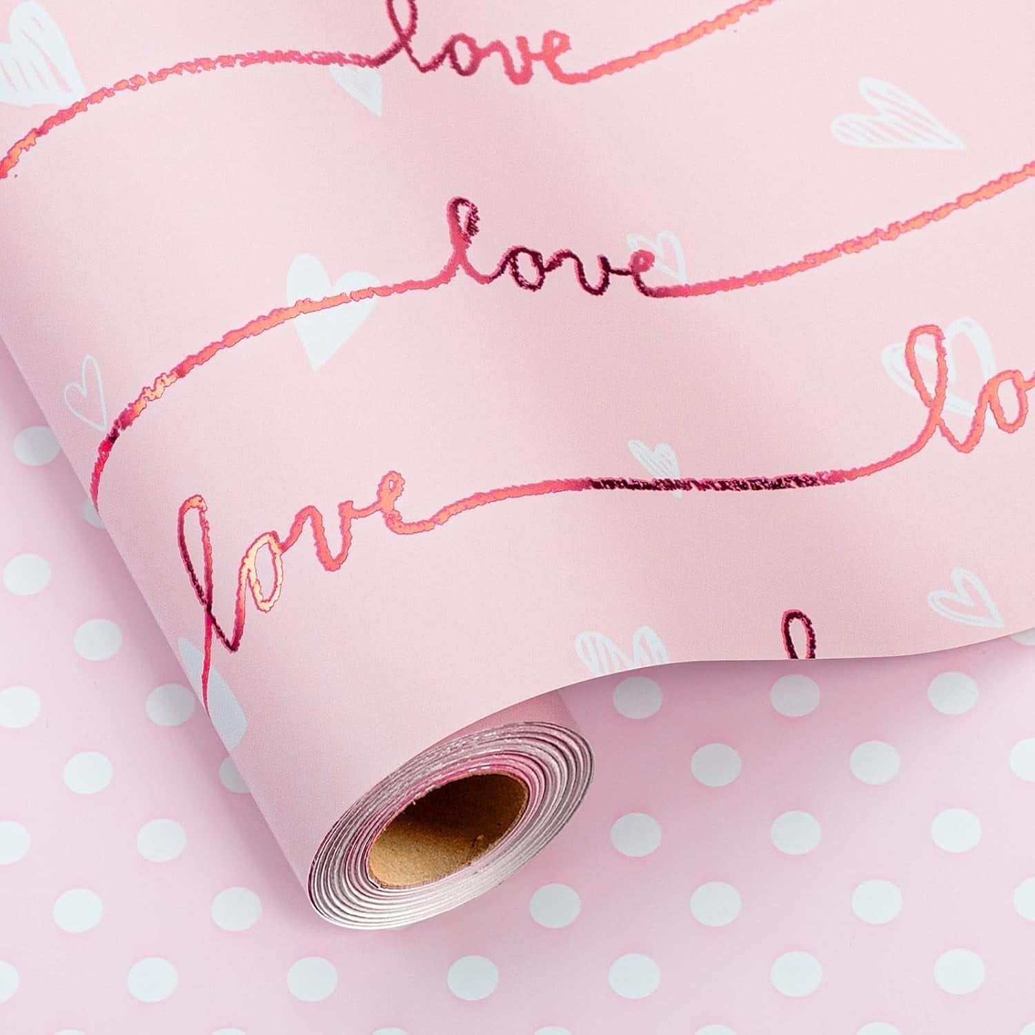 HOMERAL Pink Wrapping Paper Roll - Metallic Foil Love Heart & Polka dot ...