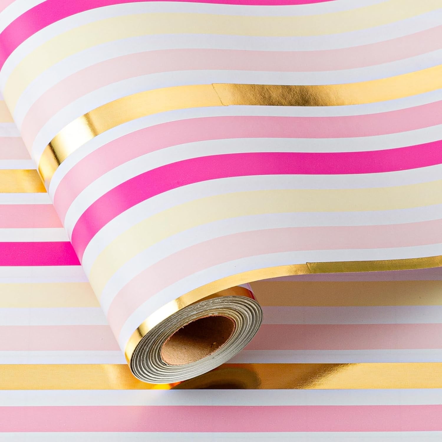 HOMERAL Pink Wrapping Paper,Metallic Pink & Gold Foil Shimmering Stripe ...