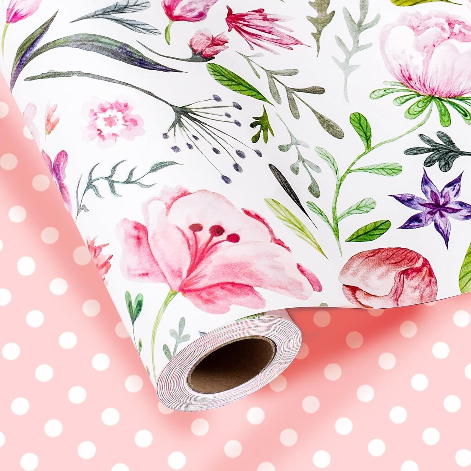 HOMERAL Wildflower Wrapping Paper Roll - Colorful Flower & Polka Dot ...