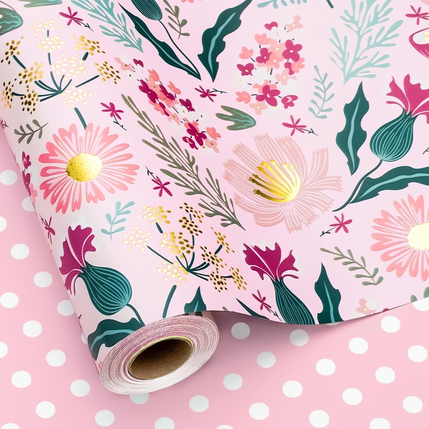 HOMERAL Reversible Floral Wrapping Paper Roll,Shiny Gold Foil Flower ...