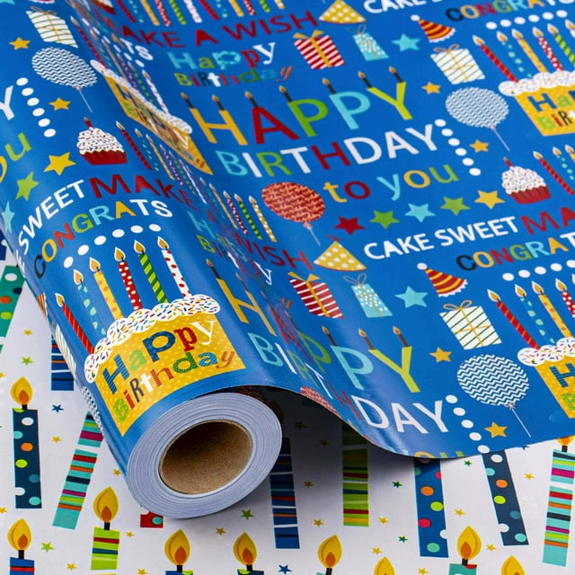 HOMERAL Gift Wrapping Paper Roll- 46.8 sq.ft. Reversible Blue Colorful Birthday Design&Candles ...