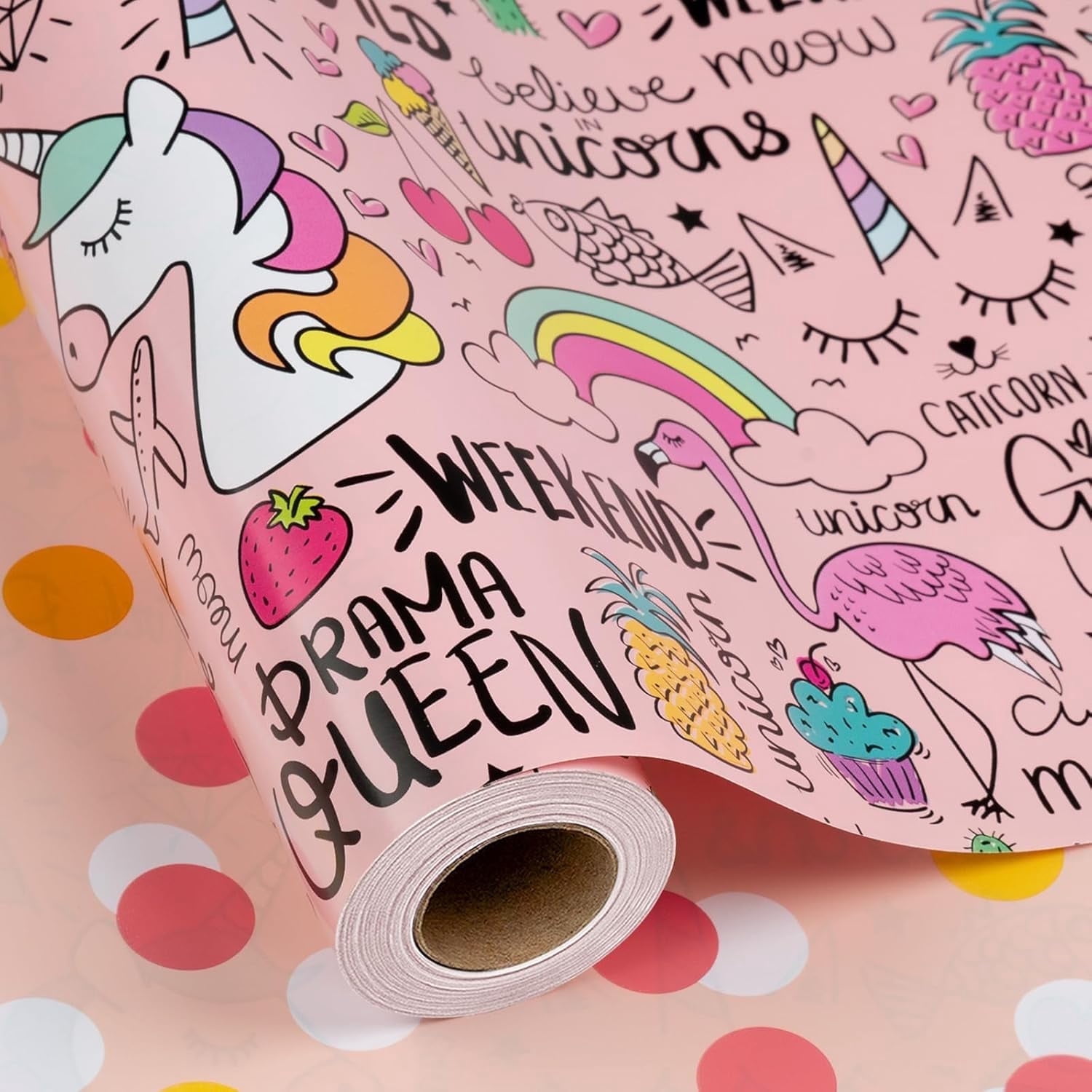 HOMERAL Reversible Pink Unicorn Wrapping Paper, Flamingo, Rainbow and ...