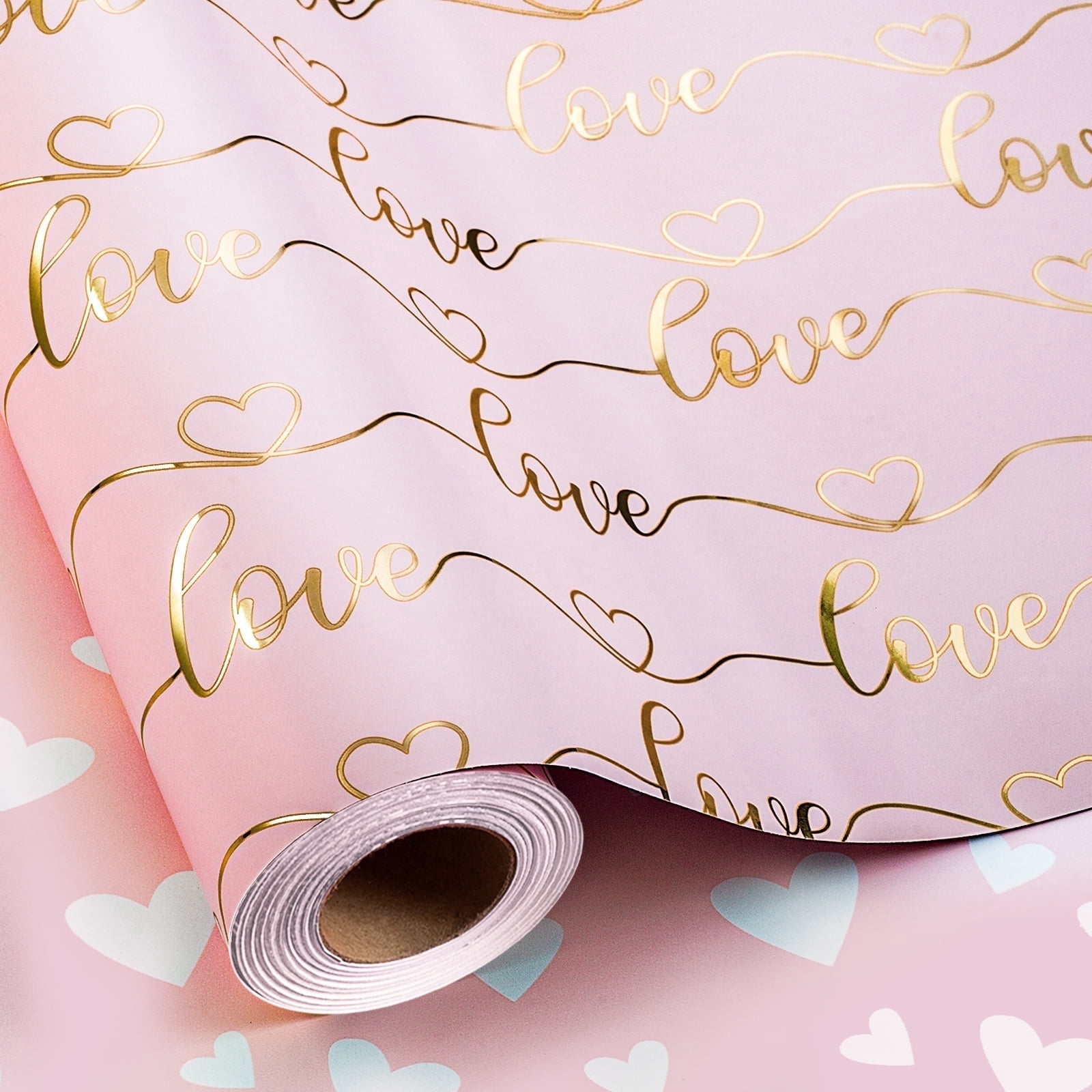 HOMERAL Pink Love Wrapping Paper, Reversible Pink Heart Gift Wrap for ...