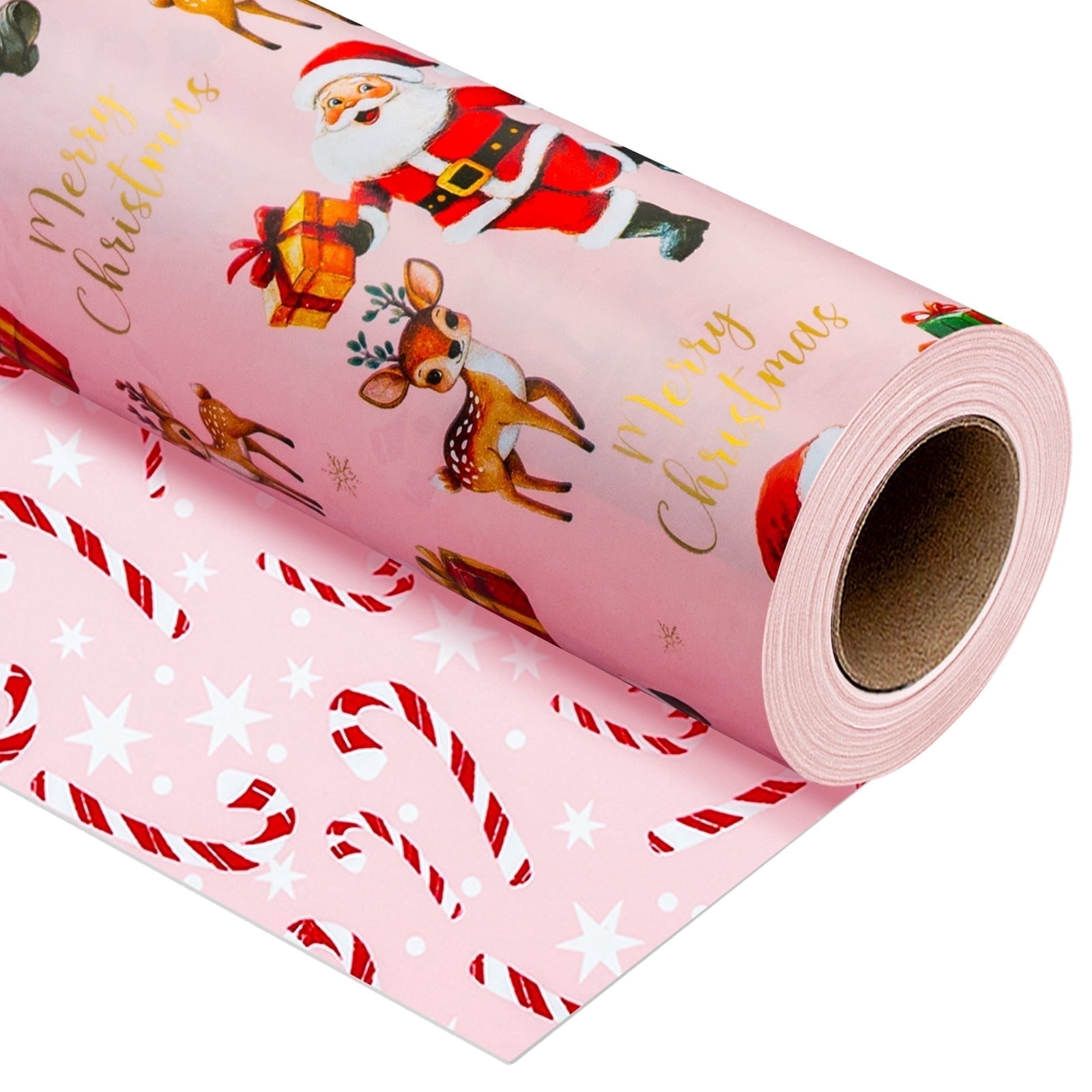 HOMERAL Christmas Wrapping Paper Roll - Pink Gift Wrap with Canta Claus ...