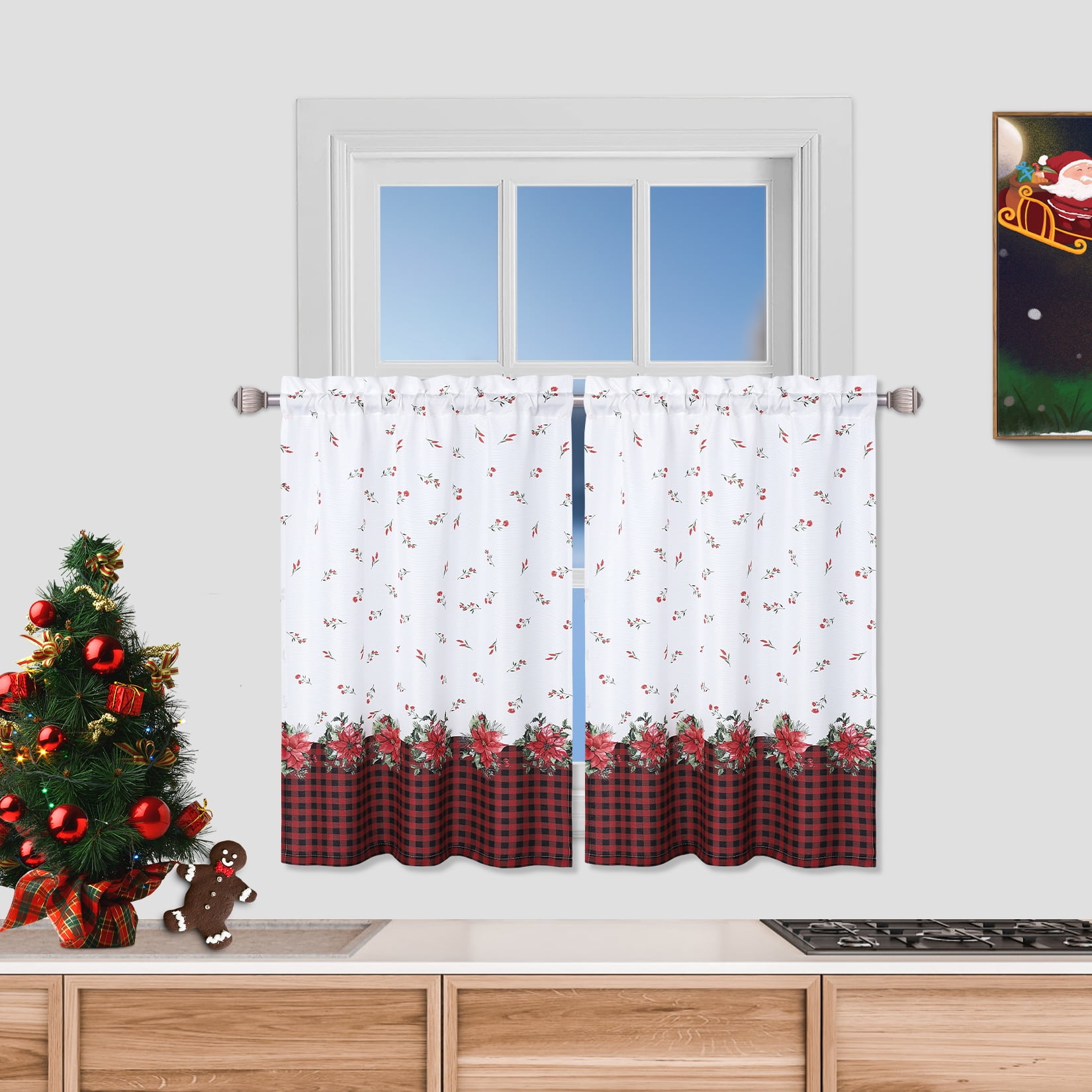 HOMERRY 27"W x 36"L Red/Black Plaid Floral Blackout Kitchen Curtains ...