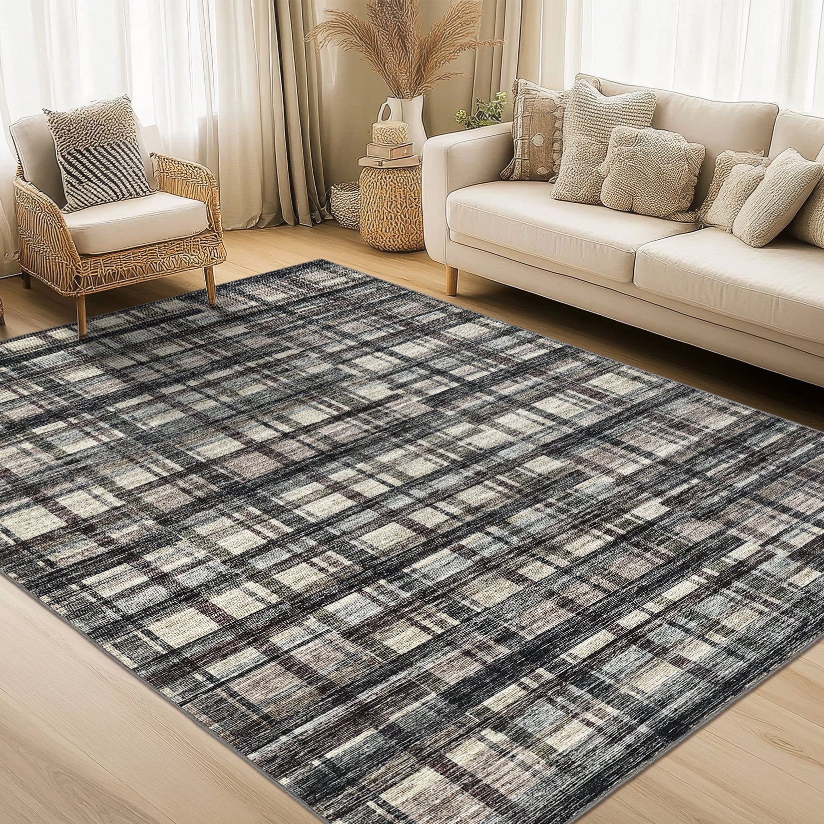 HOMERRY 8' x 10' Washable Bedroom Rug Geometric Plaid Area Rug Soft Non ...