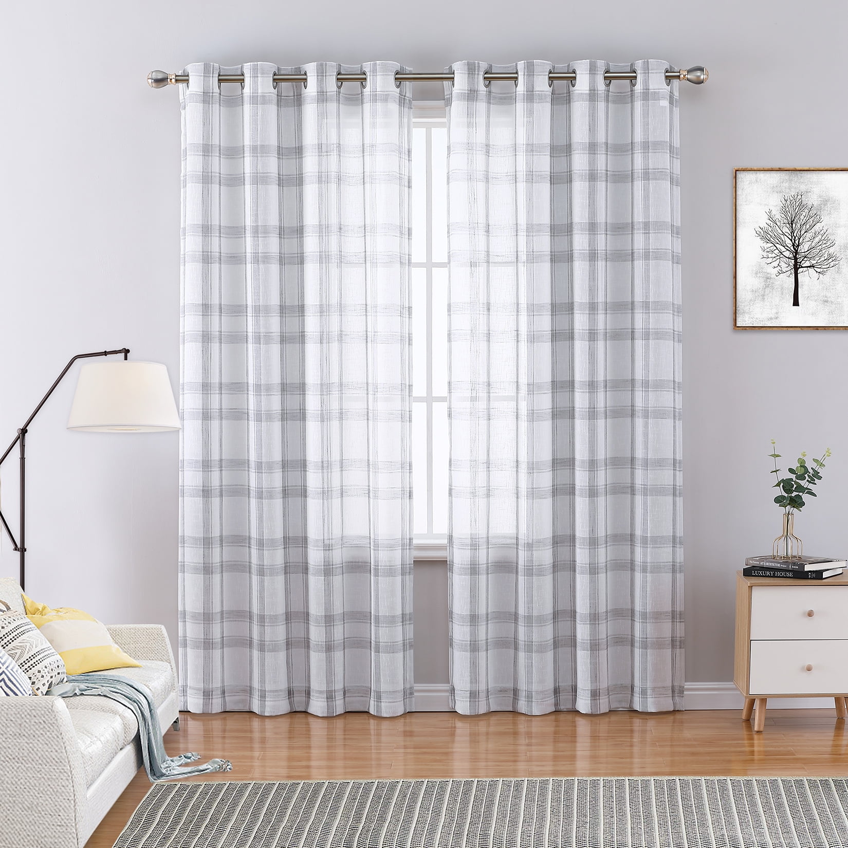 HOMERRY 84"x52" Sheer Curtain with Checked Linen Curtain, Decorative ...