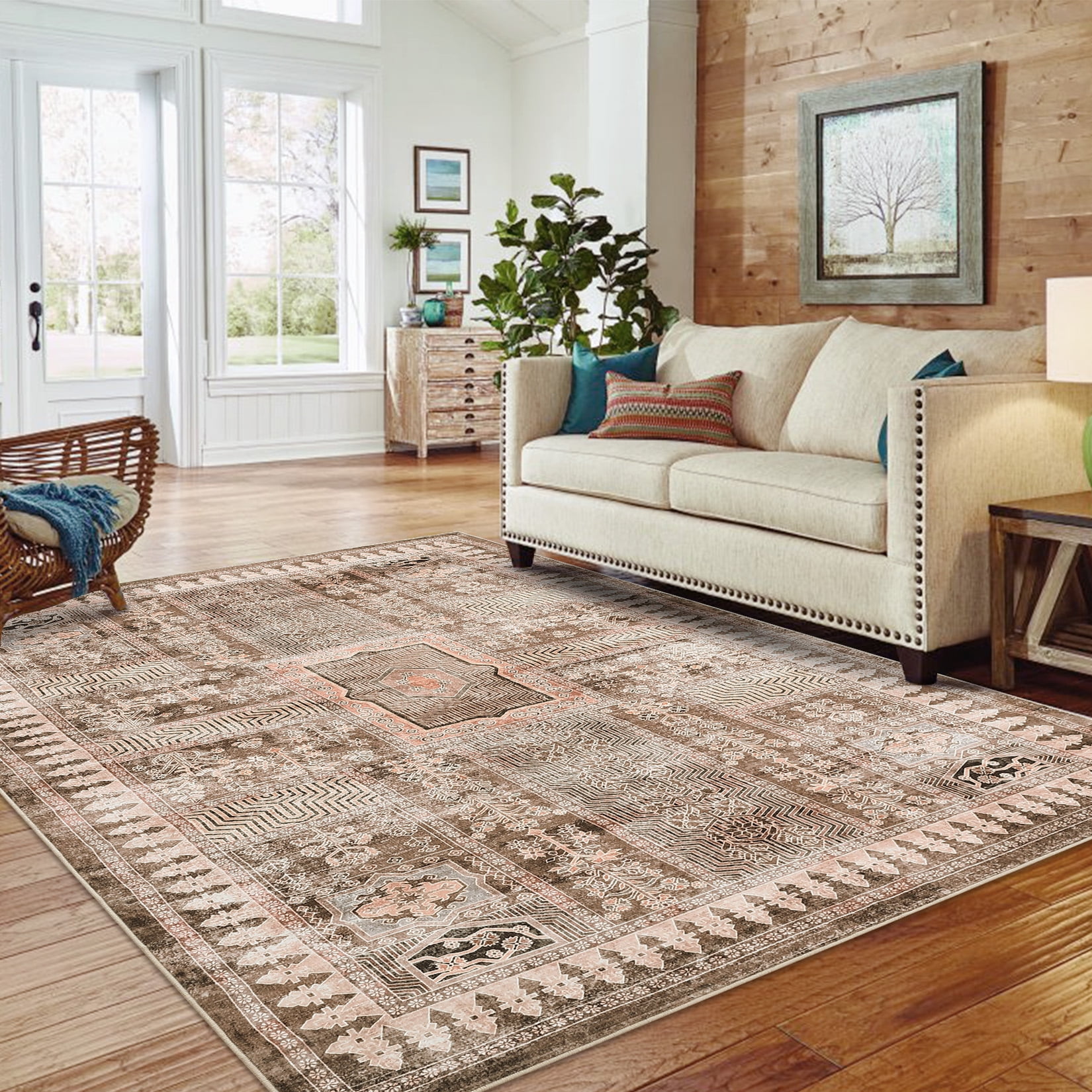 HOMERRY 9' x 12' Washable Bedroom Carpet Floral Geometric Area Rug for Dining Room, Khaki ...