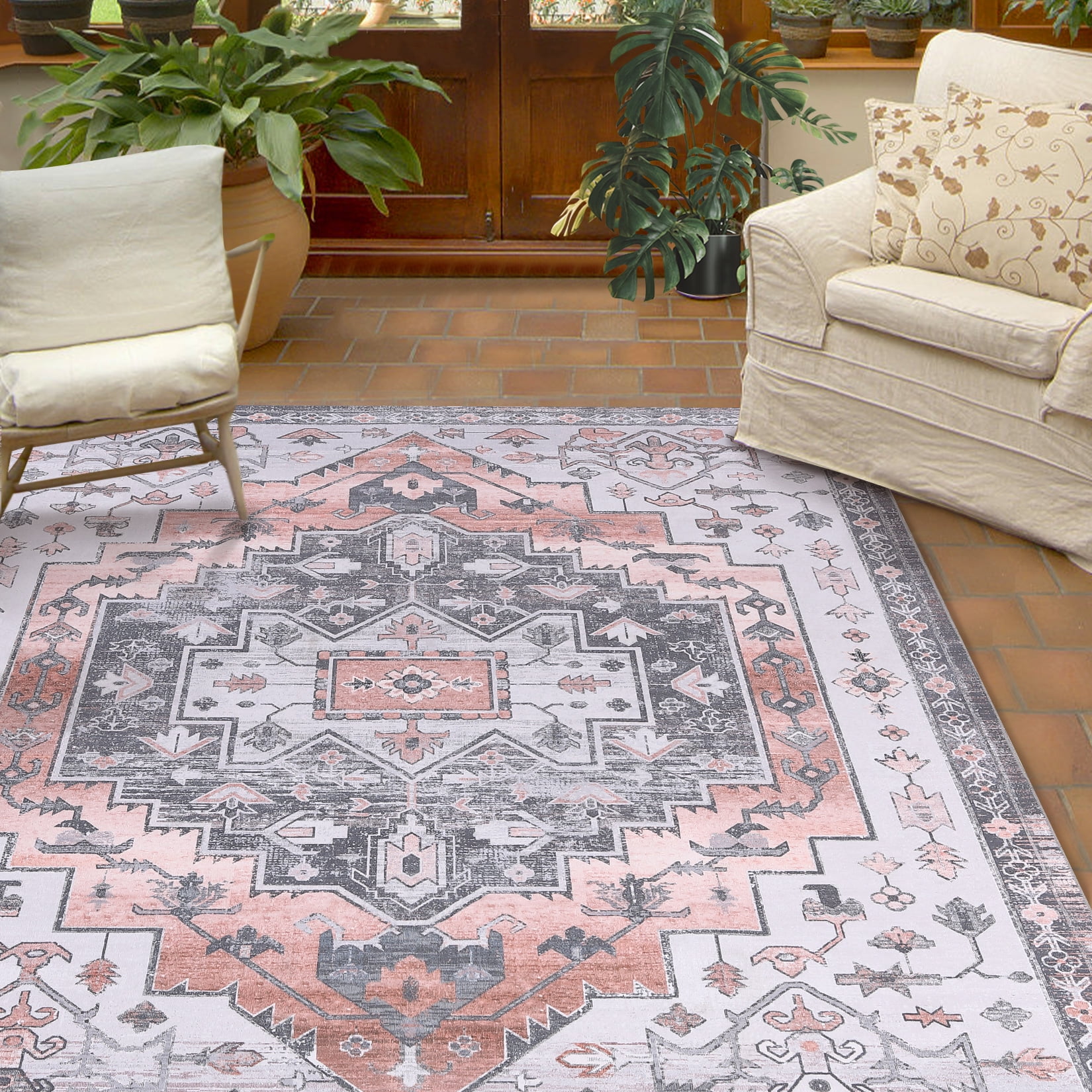 HOMERRY Boho Area Rug Vintage Medallion Distressed Anti-Slip Rubber ...