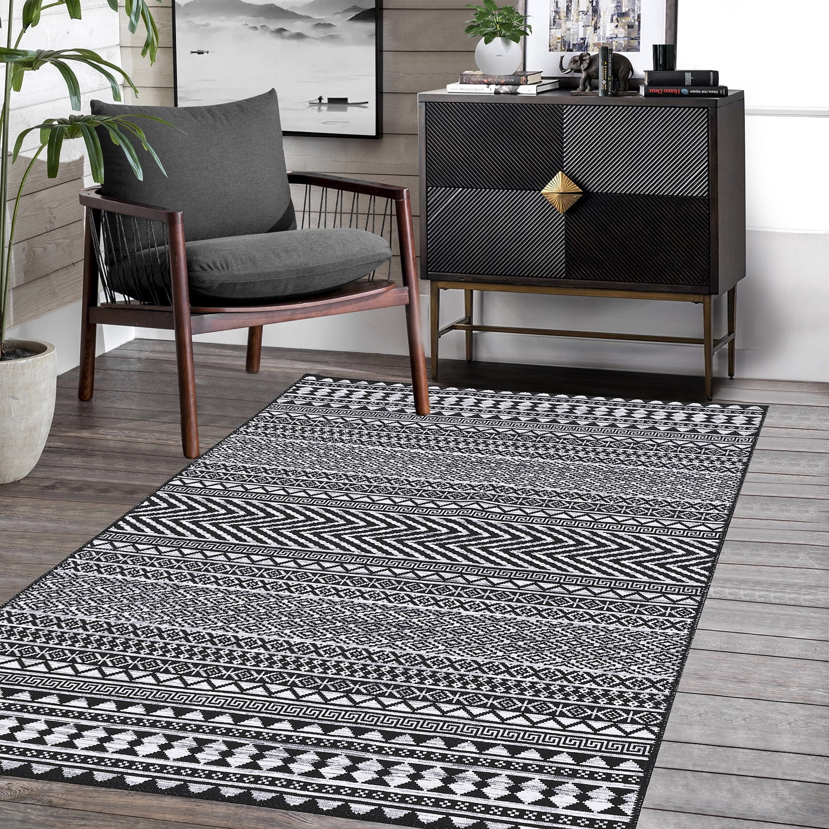 HOMERRY Boho Geometric Black Area Rug Farmhouse Non-Slip Stain ...