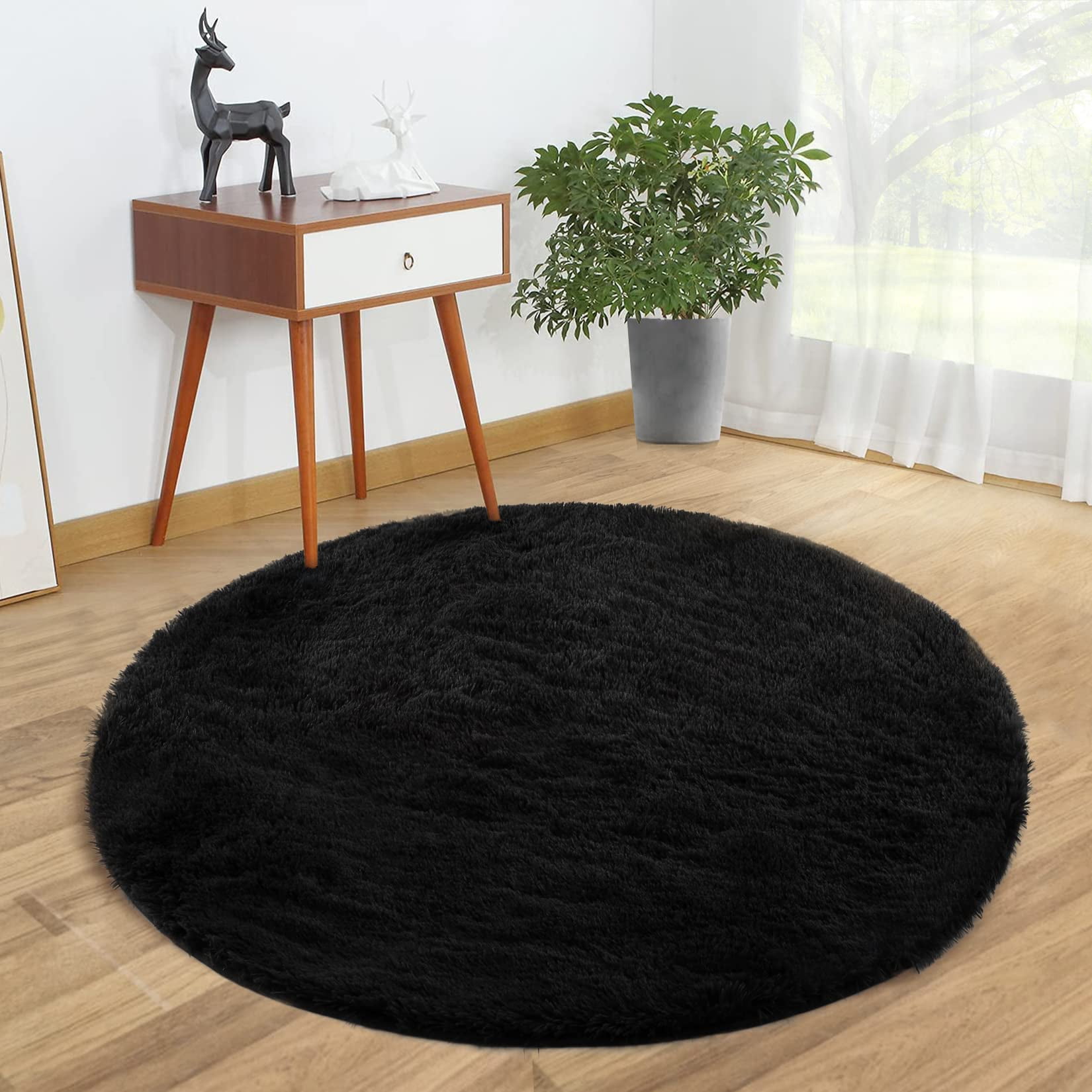 HOMERRY Fluffy Black Round Rugs 4 feet Soft and Thick Faux Indoor Shag ...