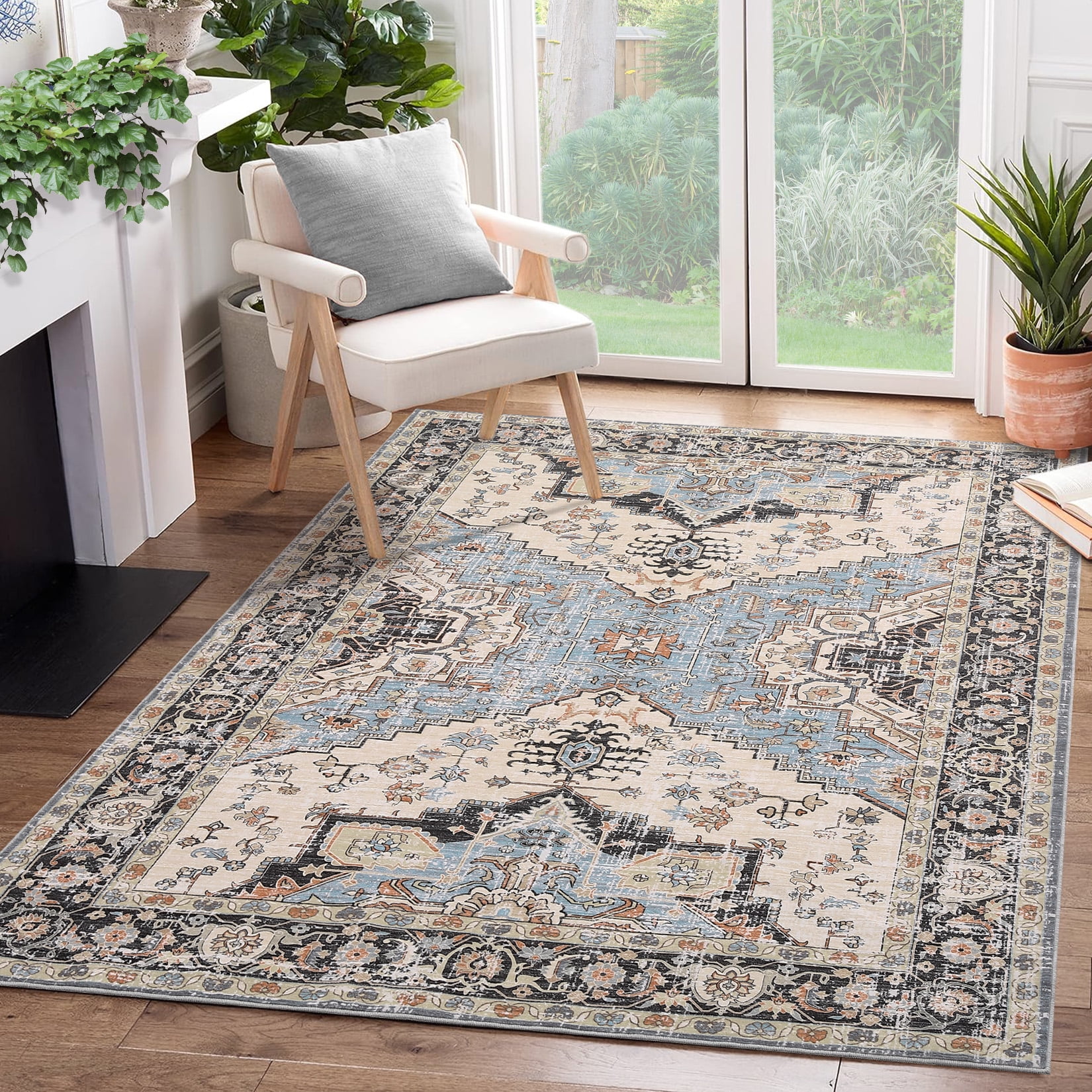 HOMERRY Foldable Area Rug 5' x 7' Washable Distressed Boho Floral Rug ...
