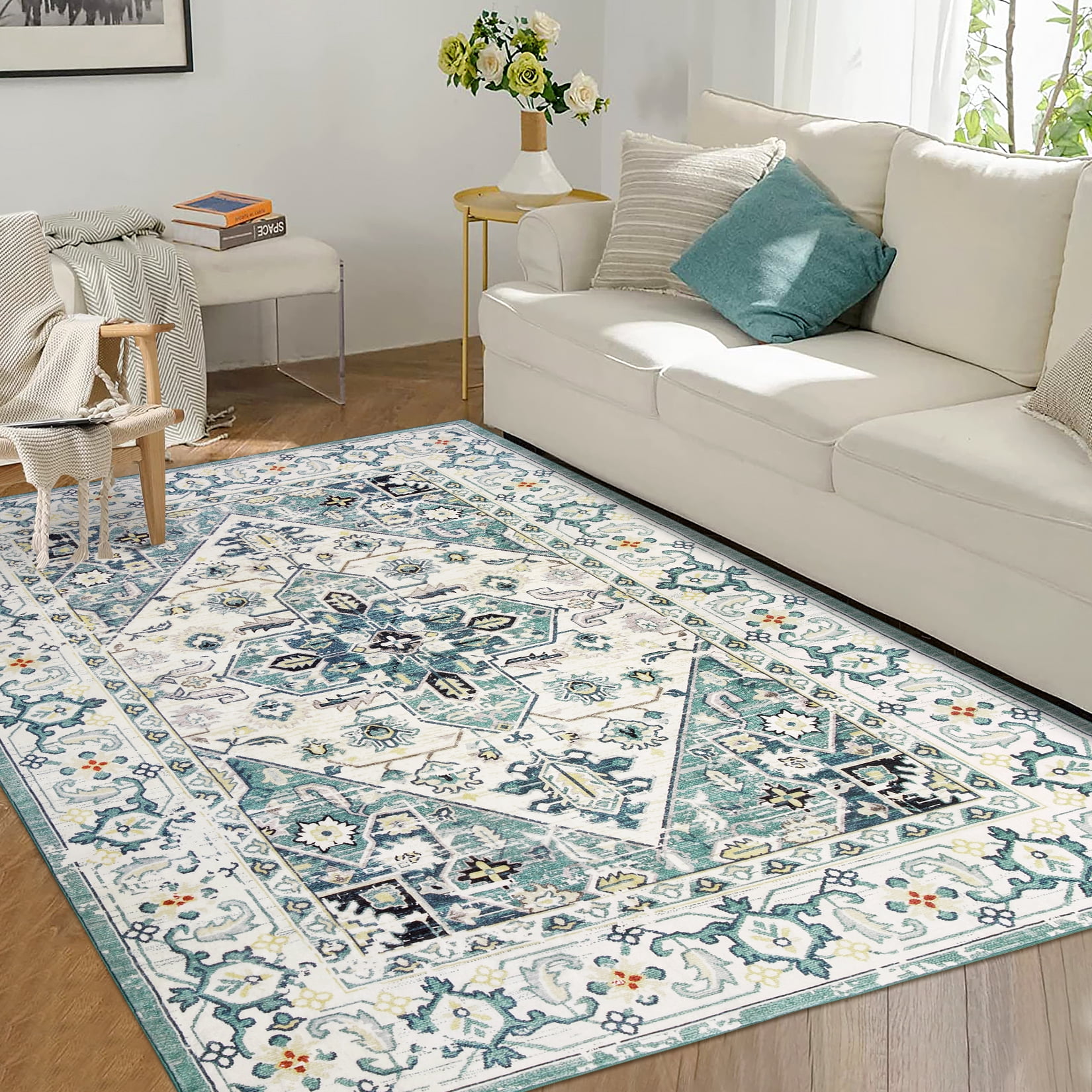 HOMERRY Foldable Area Rug 5' x 7' Washable Vintage Floral Print Rug for ...