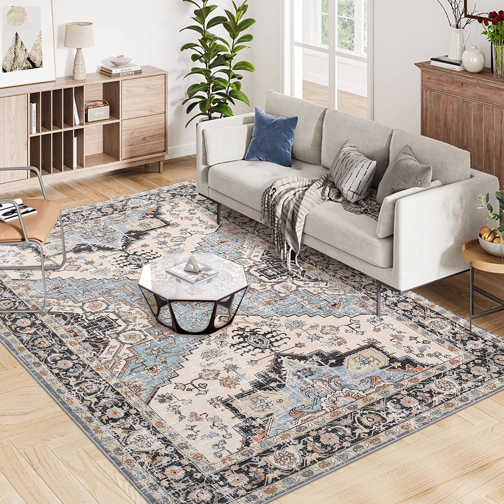 HOMERRY Foldable Area Rug 6' x 9' Washable Distressed Boho Floral Rug ...