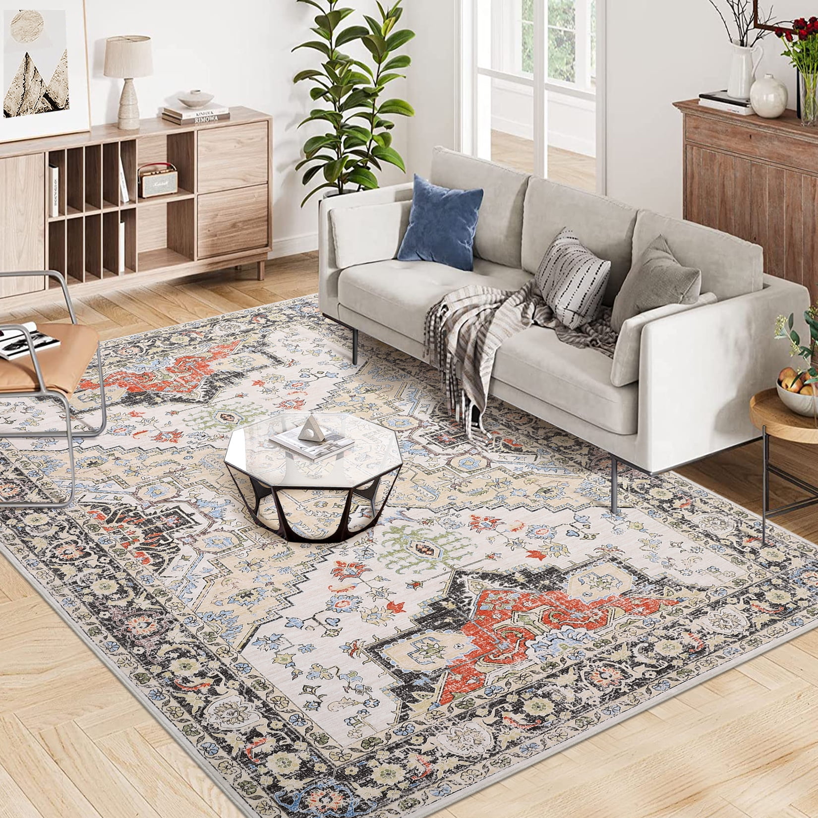 HOMERRY Foldable Area Rug 6' x 9' Washable Distressed Boho Floral Rug ...