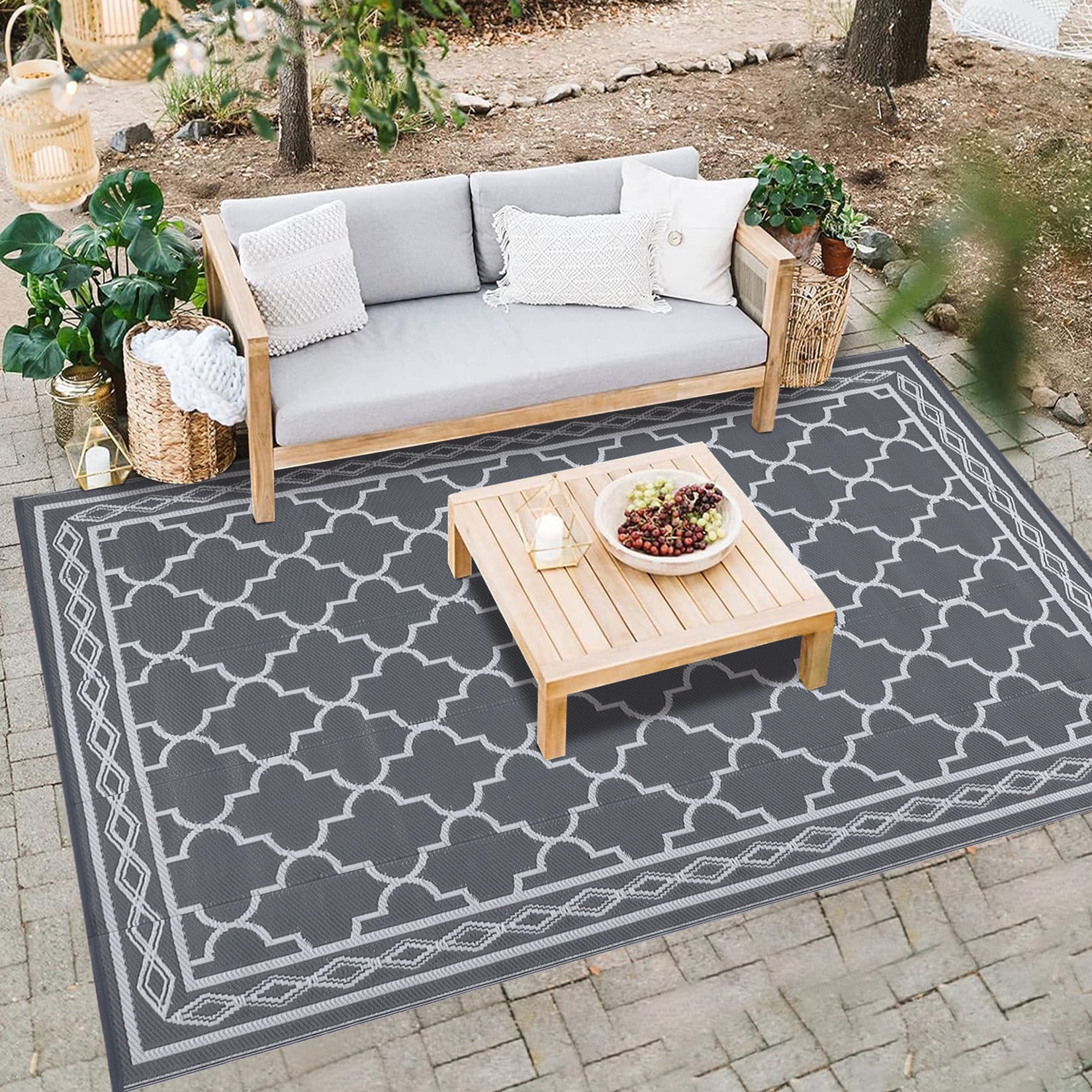 HOMERRY Gray Moroccan Outdoor Area Rug 9x12 ft Waterproof Reversible ...