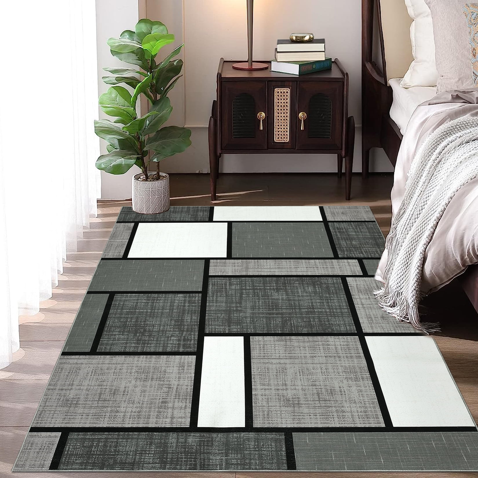 HOMERRY Gray Patchwork Geometric Washable Rug 4' x 6' Anti-Slip Area ...