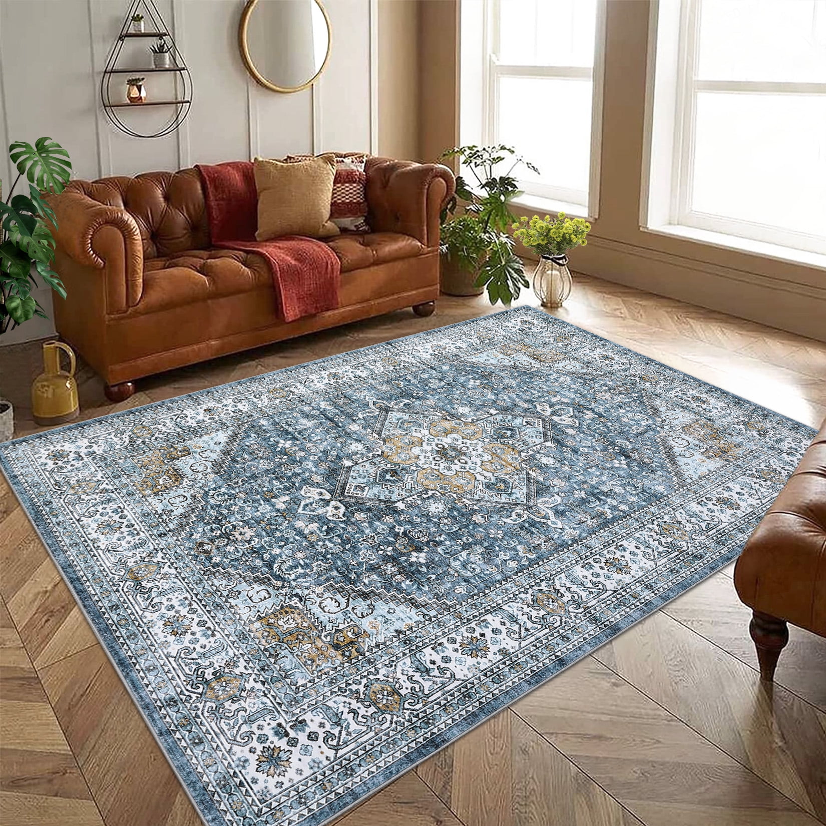 HOMERRY Blue 9' x 12' Non-Slip Area Rug, Vintage Boho Medallion Floral ...
