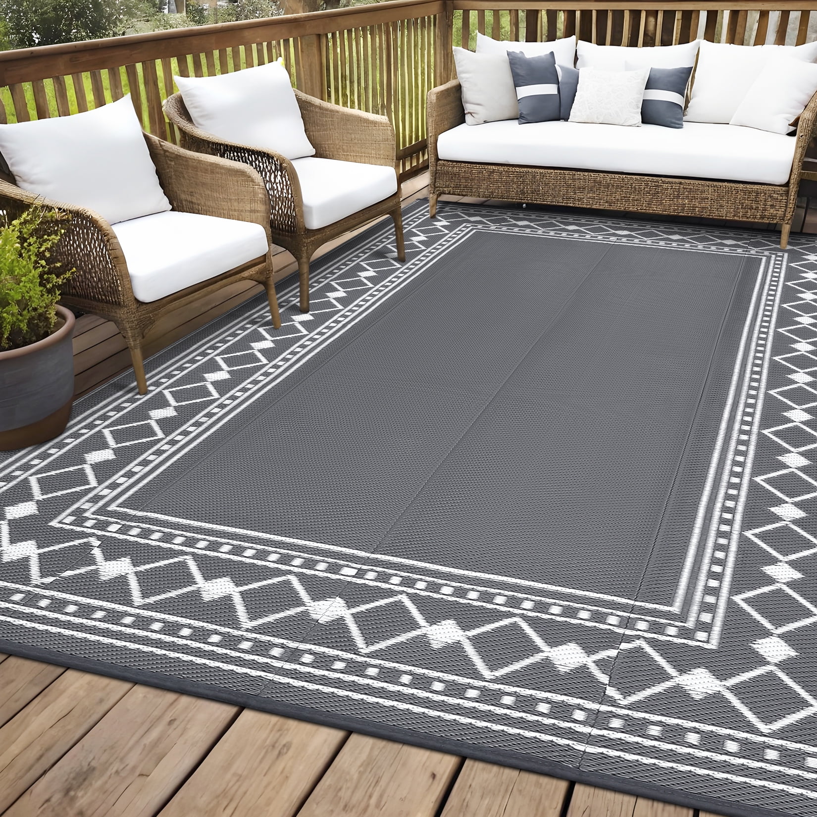 HOMERRY Geometric Border Outdoor Rug Straw Plastic Area Rug for Balcony ...