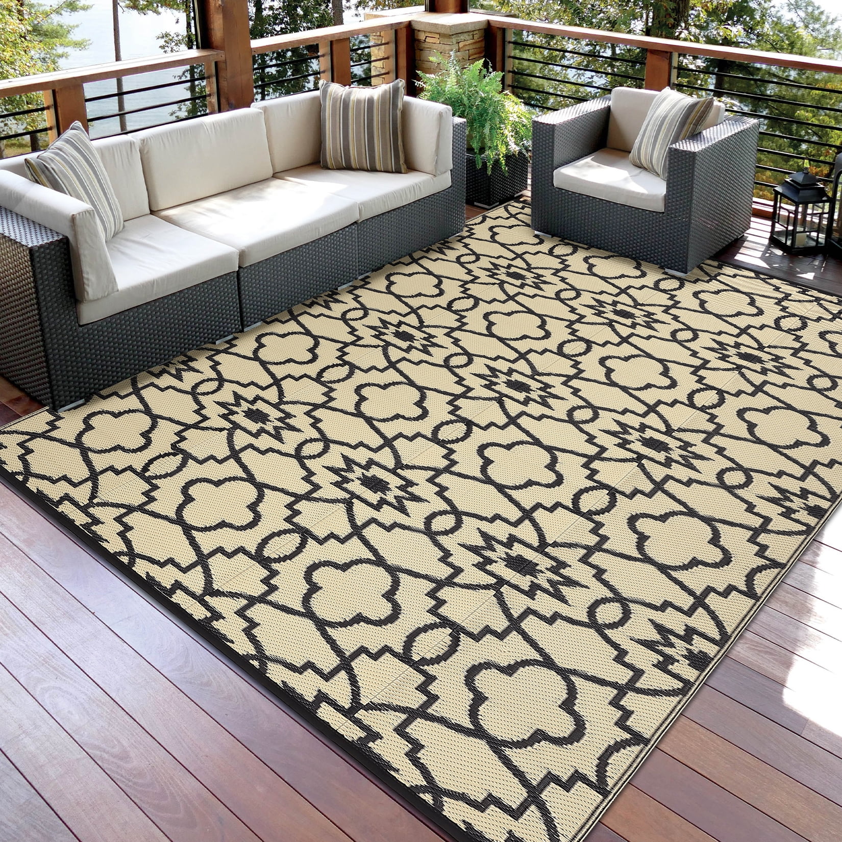 HOMERRY Geometric Floral Outdoor Rug Straw Plastic Area Rug for Balcony ...