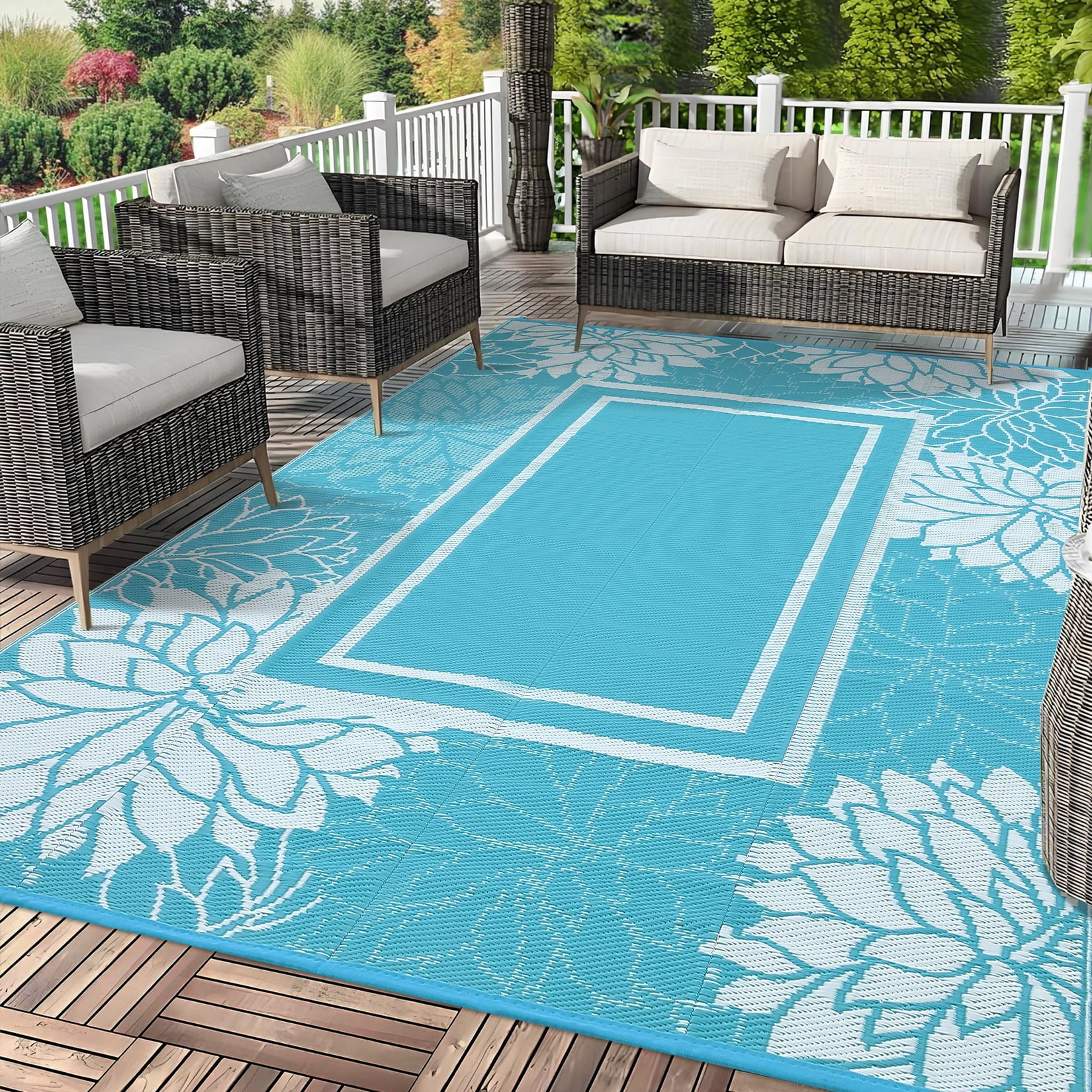 HOMERRY Outdoor Collection Straw Plastic Reversible Outdoor Rug, Blue ...