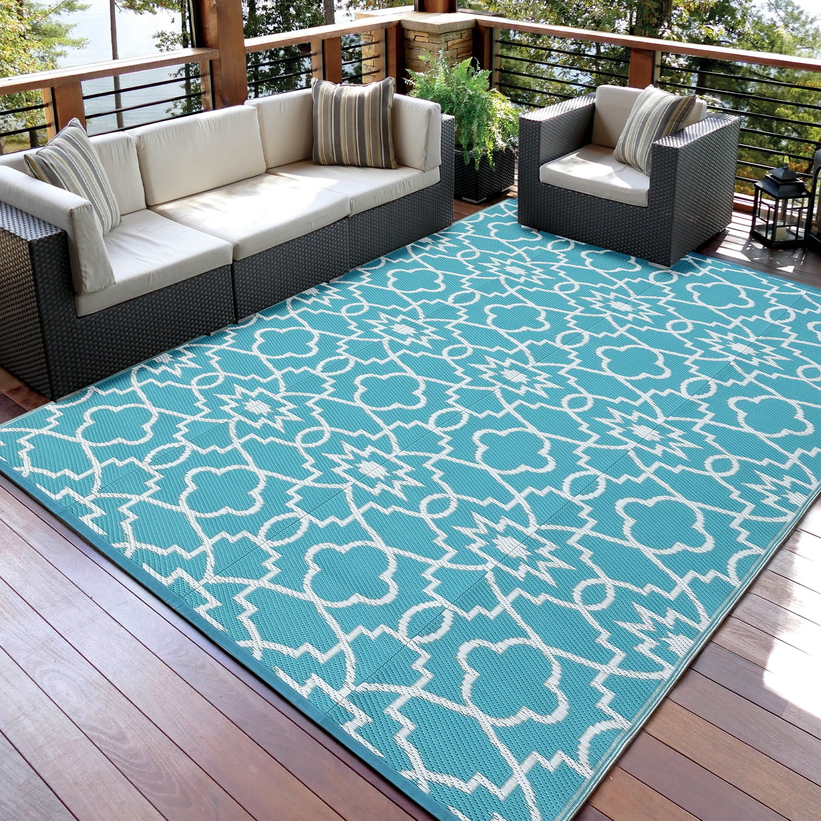 HOMERRY Geometric Floral Outdoor Rug Straw Plastic Area Rug for Balcony ...