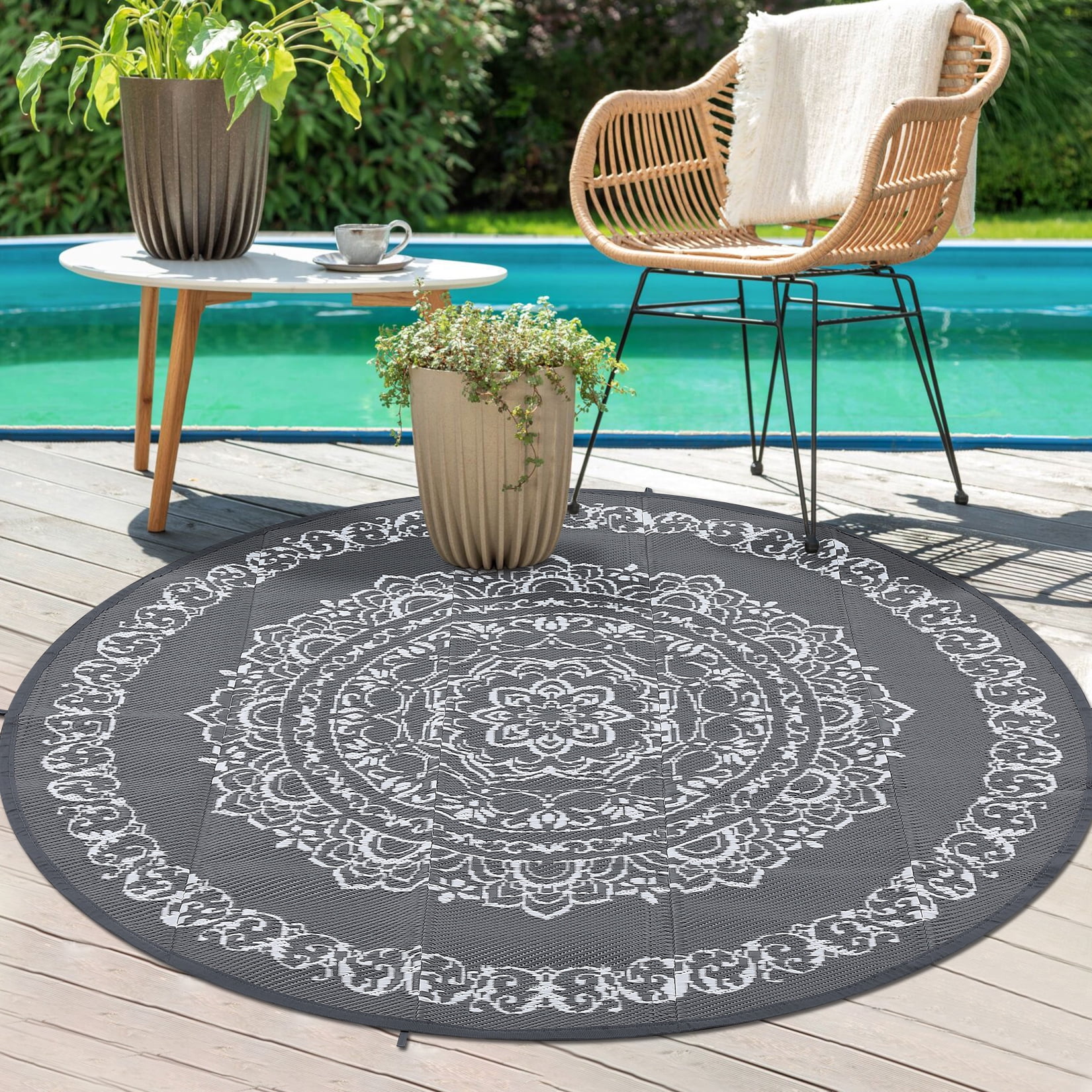 HOMERRY Geometric Floral Outdoor Rug Straw Plastic Area Rug for Balcony ...