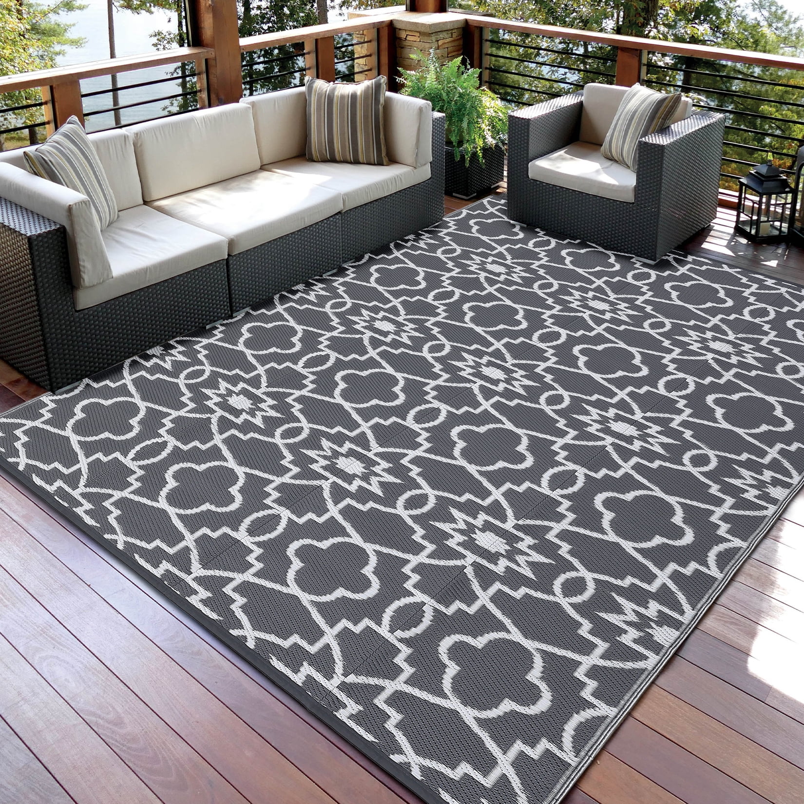HOMERRY Geometric Floral Outdoor Rug Straw Plastic Area Rug for Balcony ...