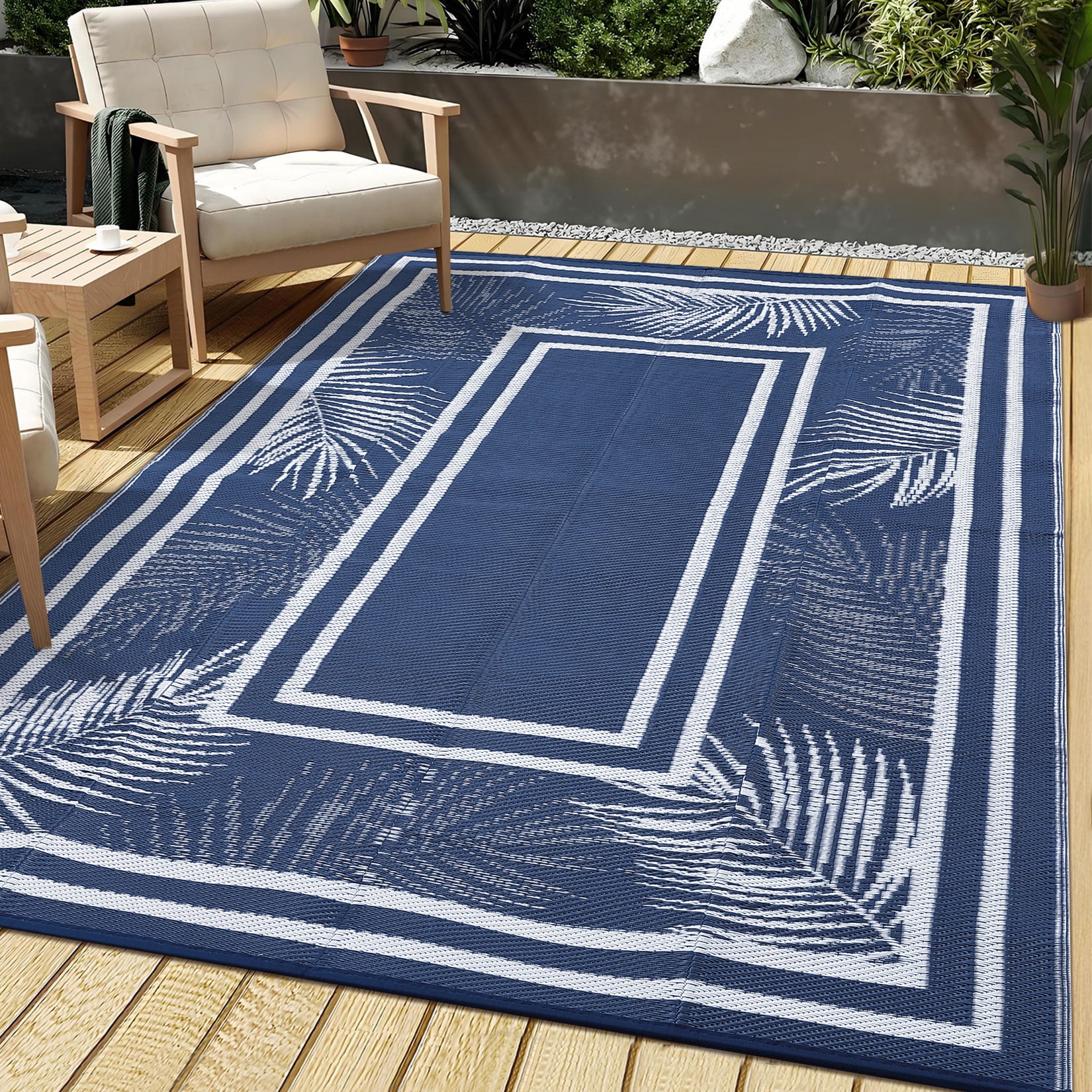 HOMERRY Geometric Leaf Border Outdoor Rug Straw Plastic Area Rug for ...