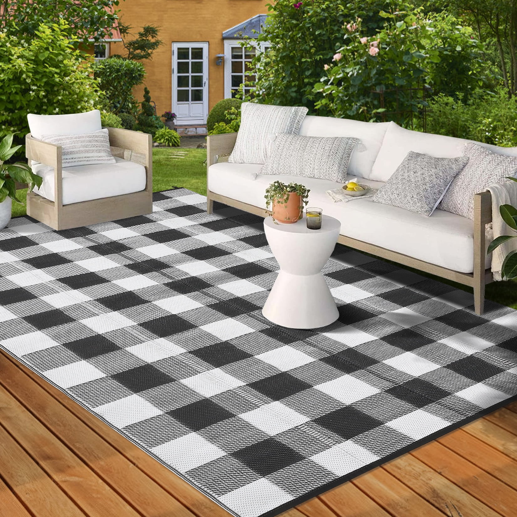 HOMERRY Geometric Plaid Outdoor Rug Straw Plastic Area Rug for Balcony ...