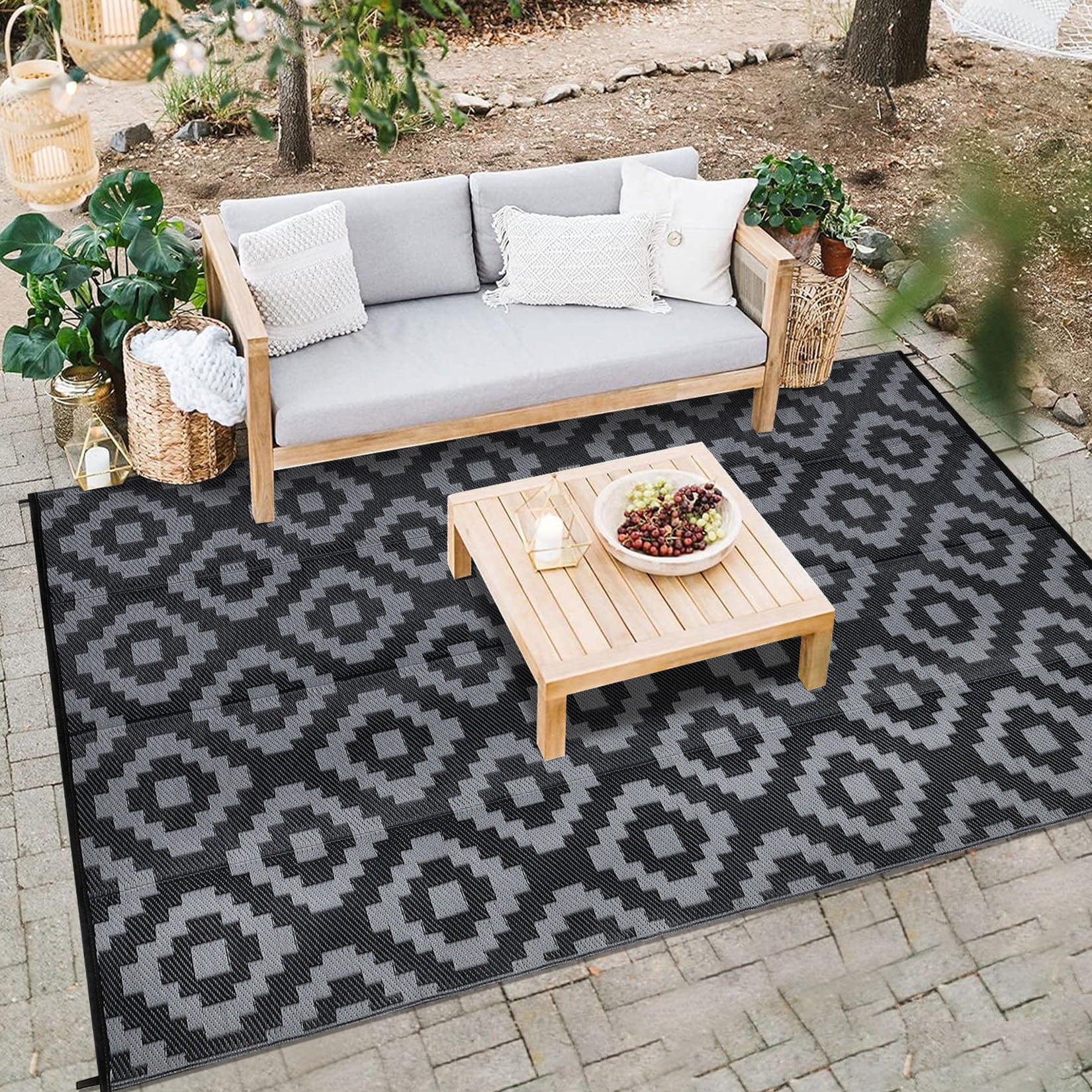 HOMERRY Geometric Plaid Outdoor Rug Straw Plastic Area Rug for Balcony ...