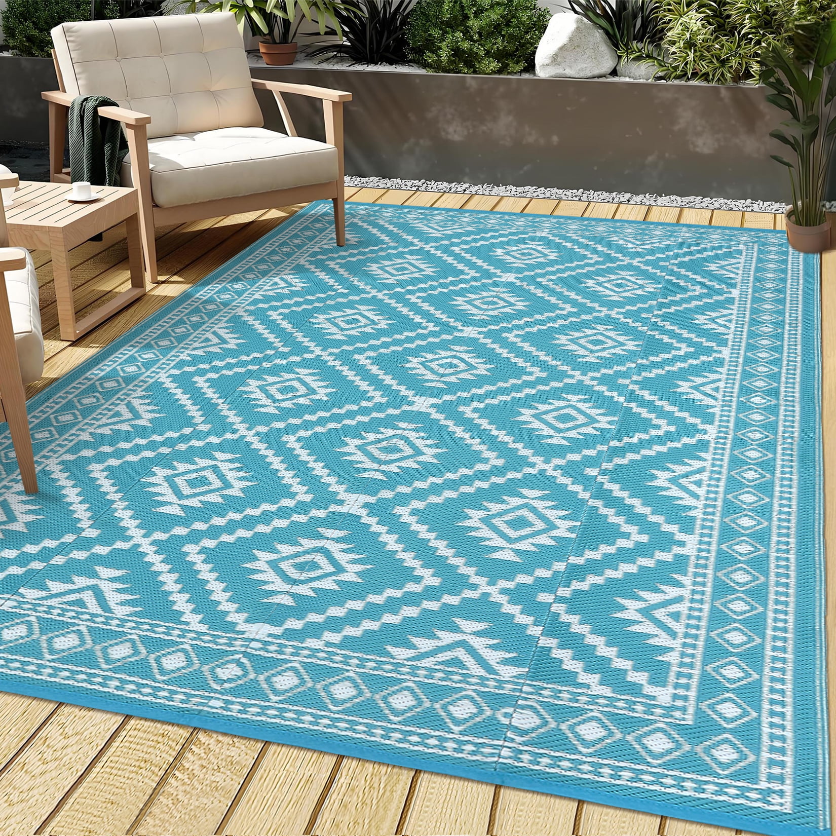 HOMERRY Geometric Plaid Outdoor Rug Straw Plastic Area Rug for Balcony ...